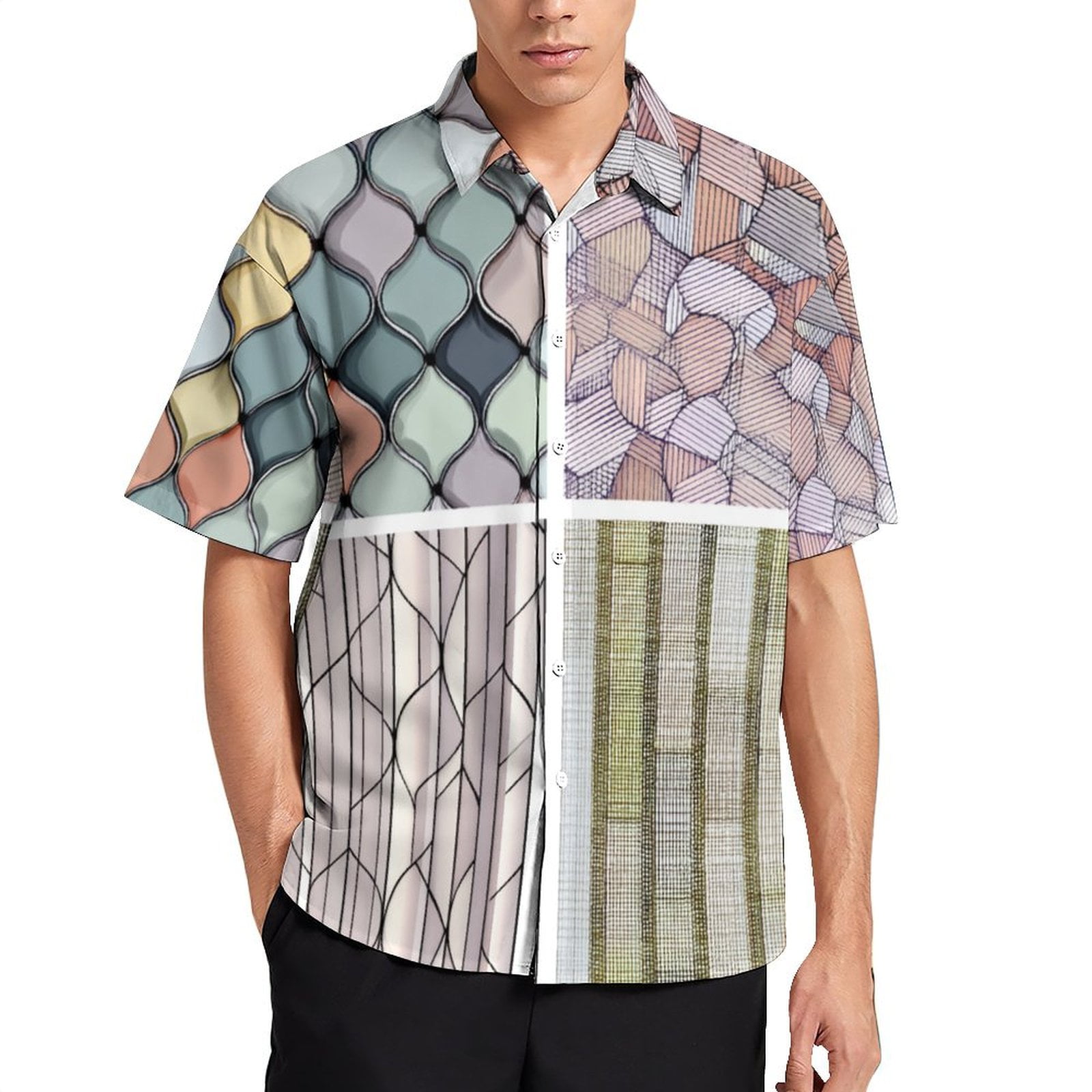 Colored Grid Geometry Men's Shirt Short Sleeves Printed Button Down ...