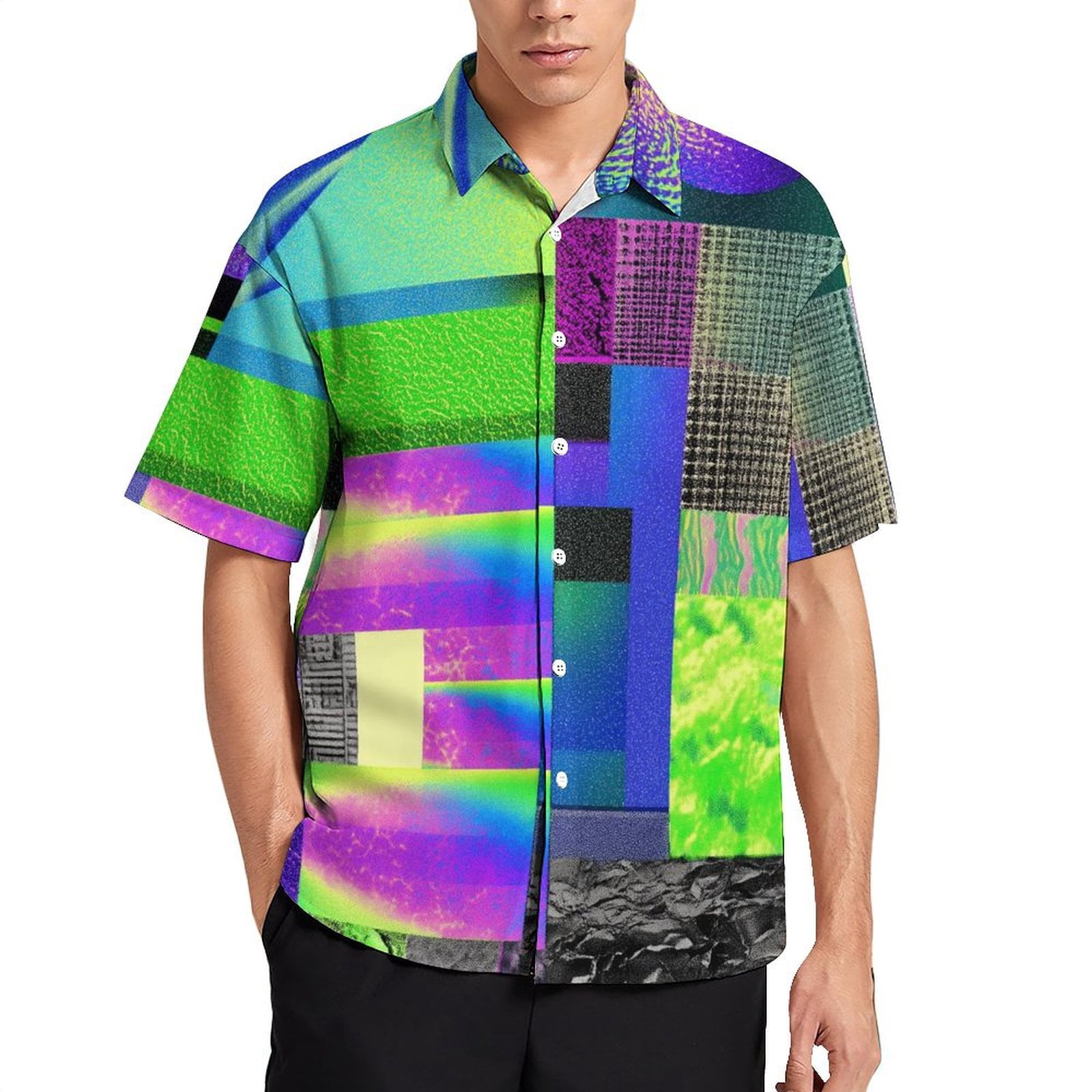 Colored Grid Geometry Men's Shirt Short Sleeves Printed Button Down ...