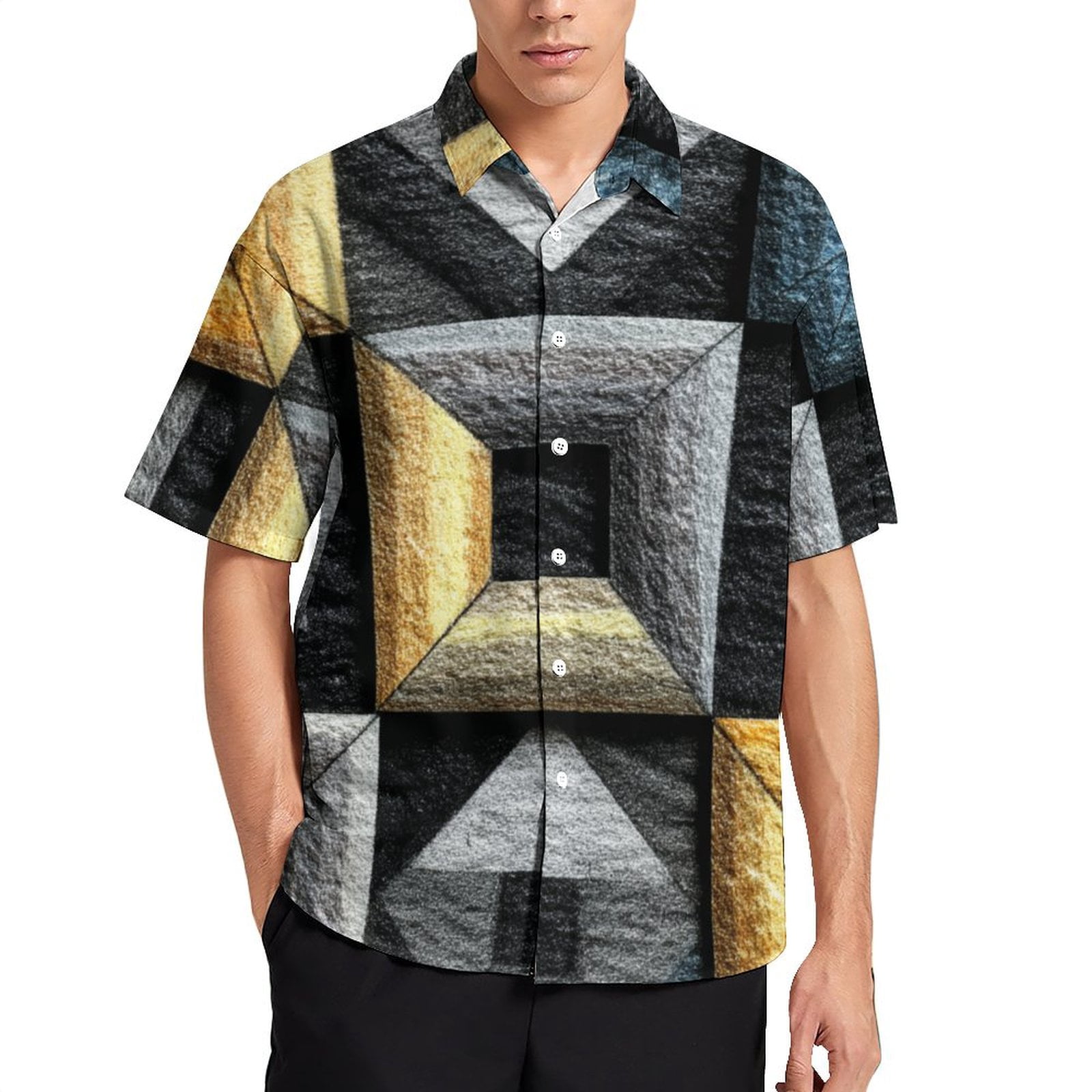 Colored Grid Geometry Men's Shirt Short Sleeves Printed Button Down ...