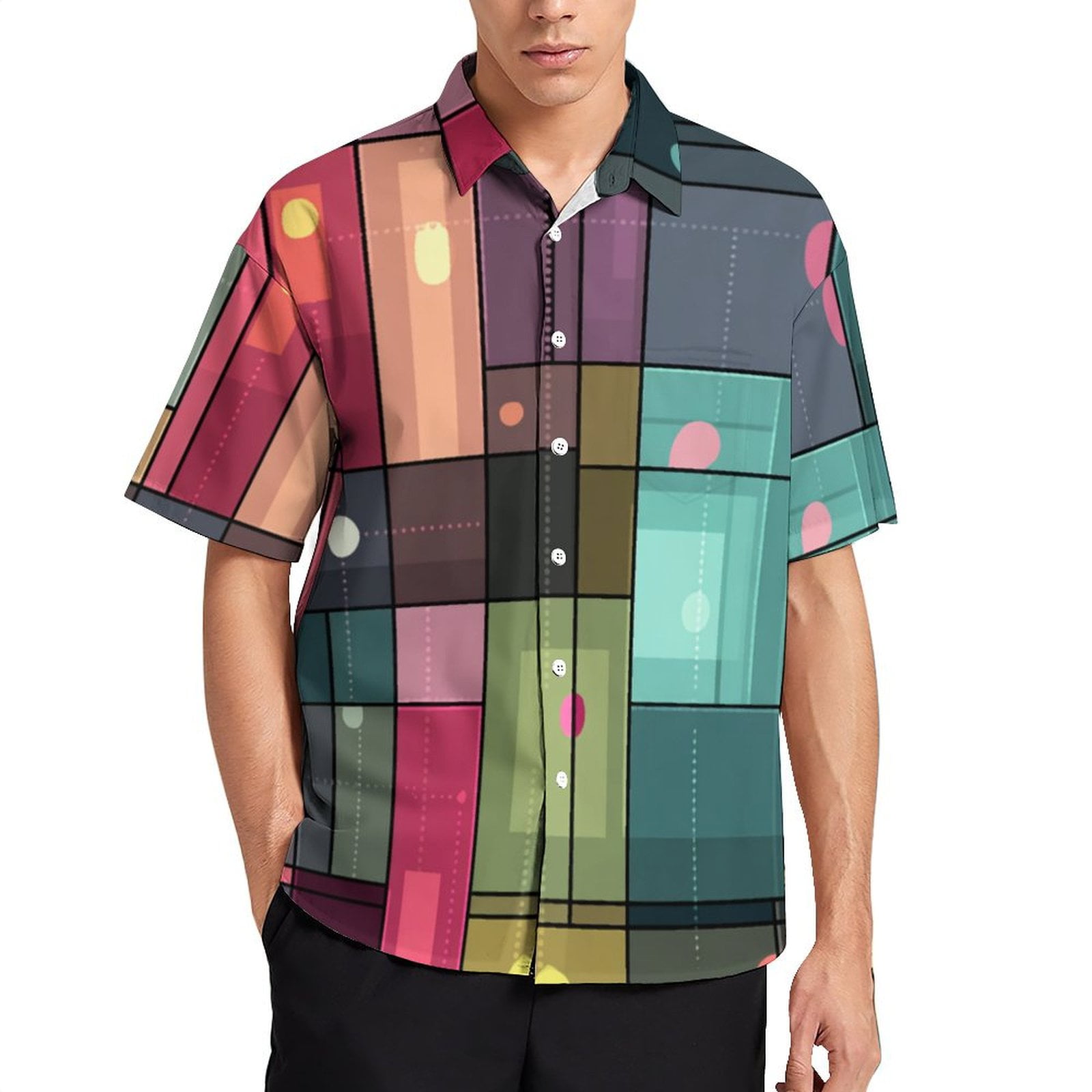 Colored Grid Geometry Men's Shirts Short Sleeve Casual Shirts Button ...