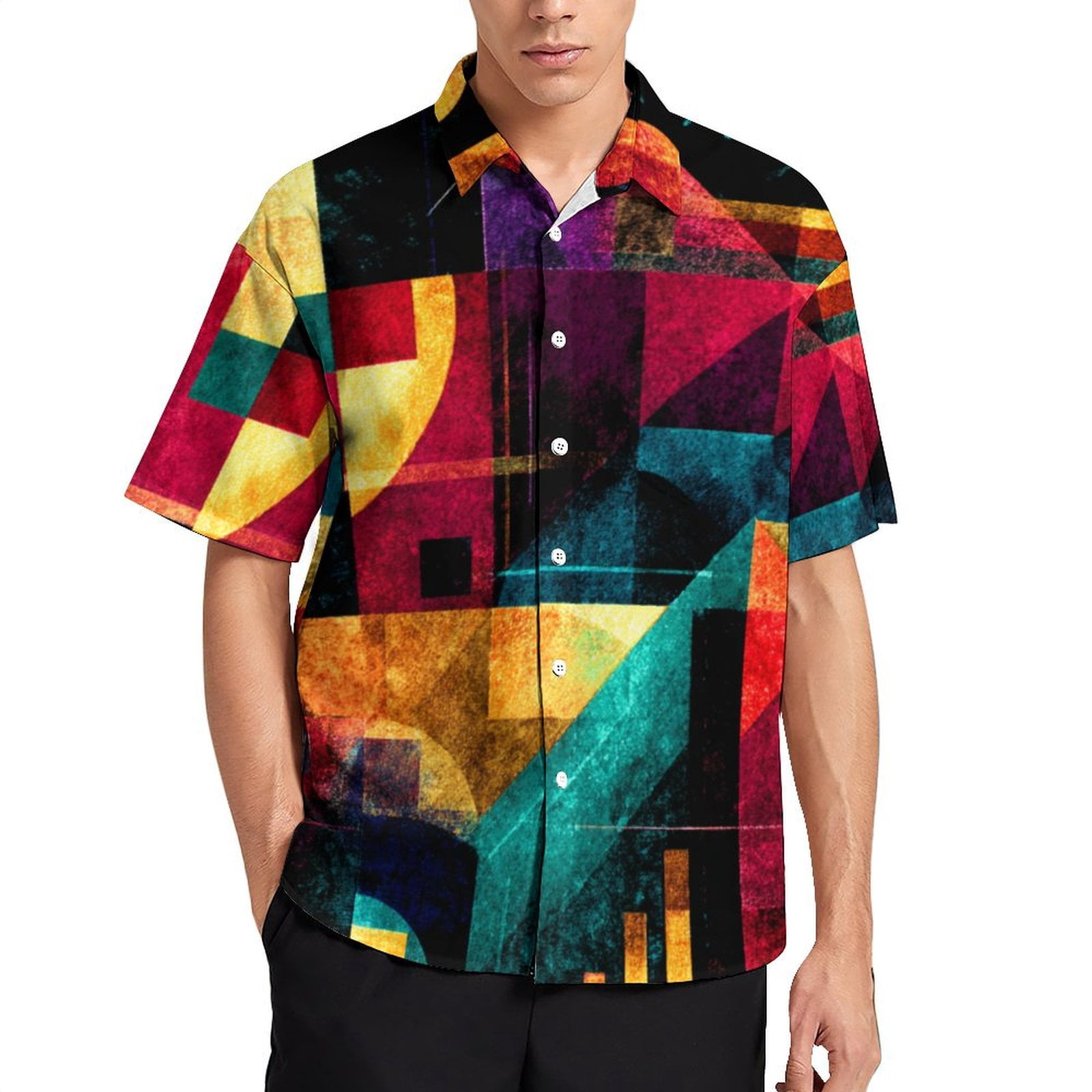 Colored Grid Geometry Men's Shirts Short Sleeve Casual Shirts Button ...