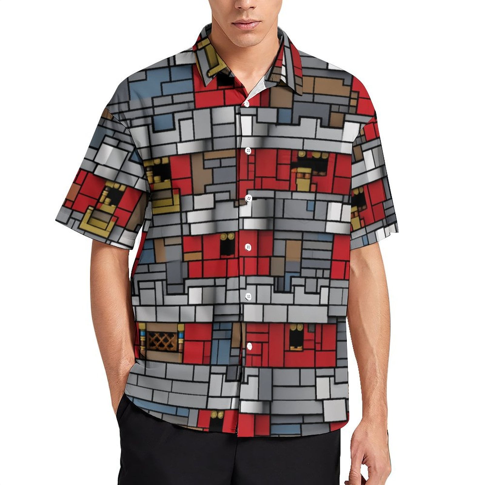 Colored Grid Geometry Men's Shirts Short Sleeve Casual Shirts Button ...