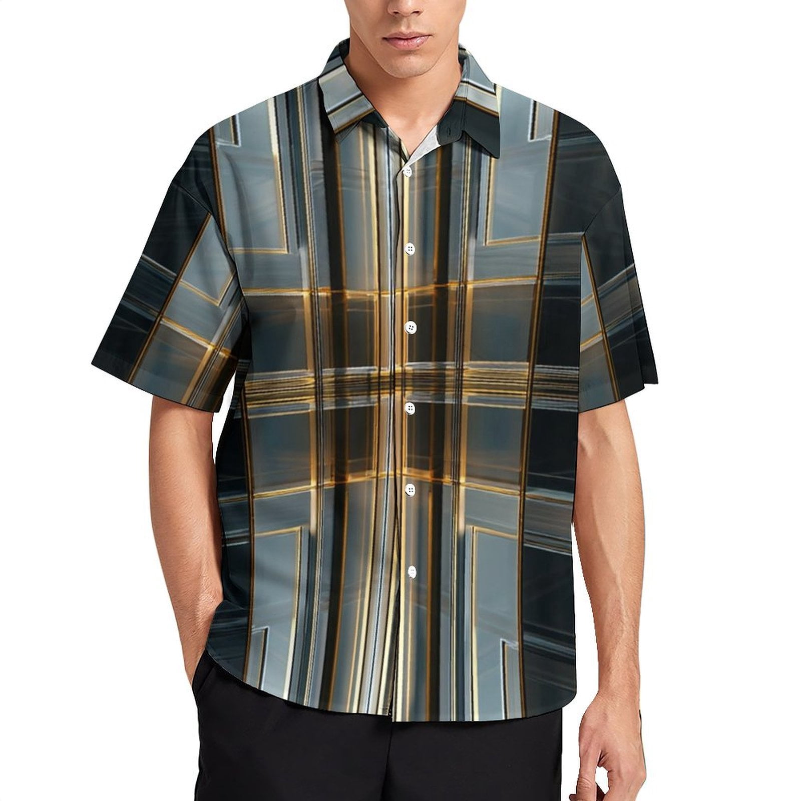 Colored Grid Geometry Men's Shirts Short Sleeve Casual Shirts Button ...