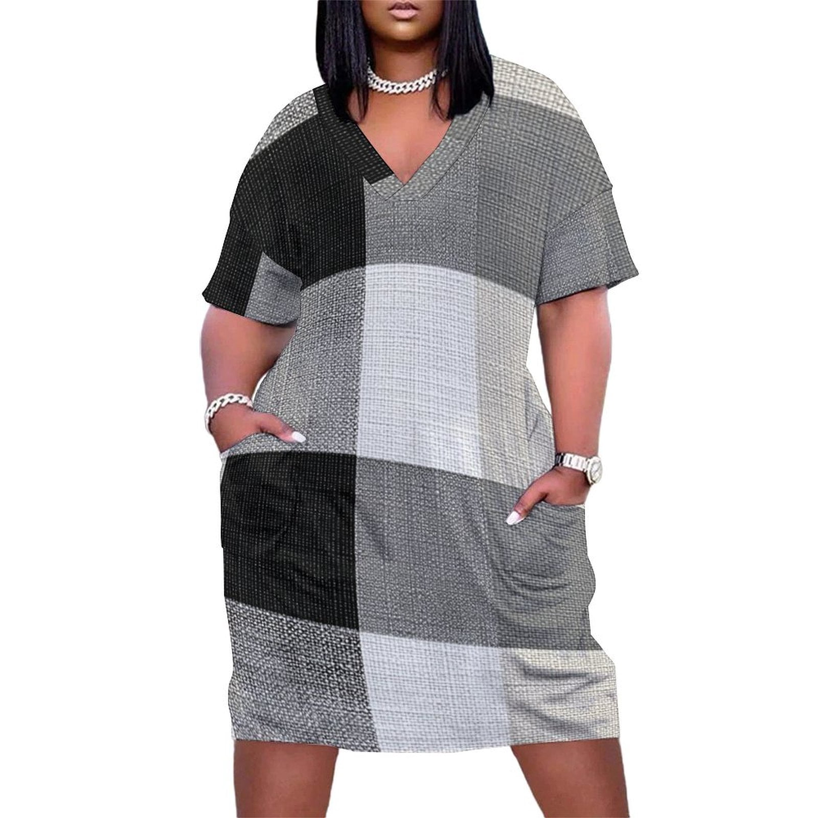 Colored Grid Geometry Summer Sundress for Curve Women Casual Pattern ...