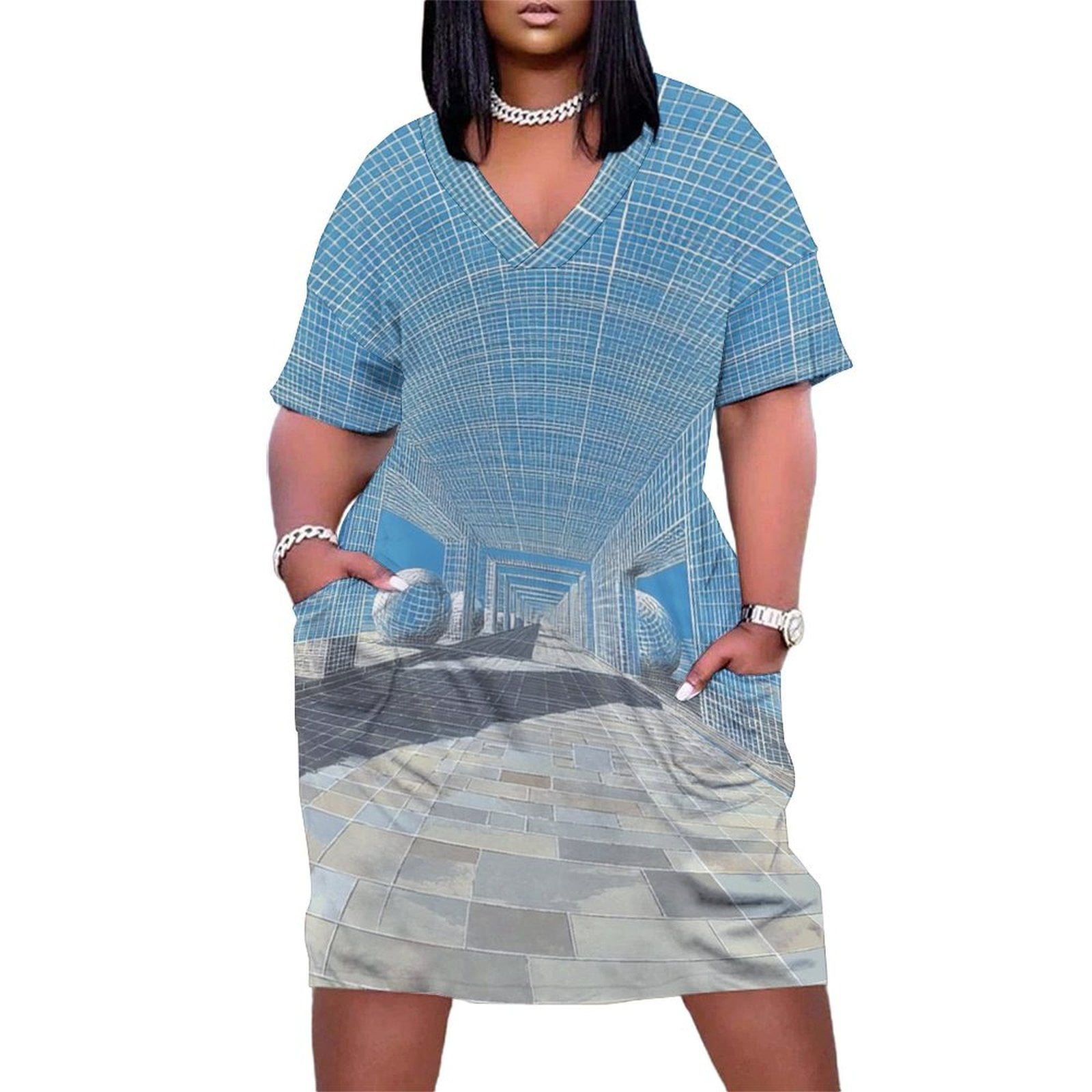 Colored Grid Geometry Summer Sundress for Curve Women Casual Pattern ...