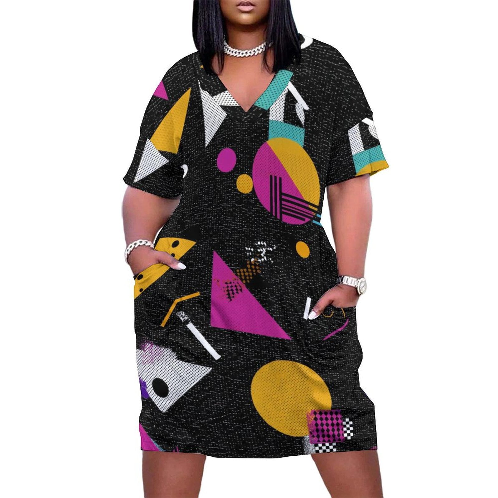 Colored Grid Geometry Summer Sundress for Curve Women Casual Pattern ...