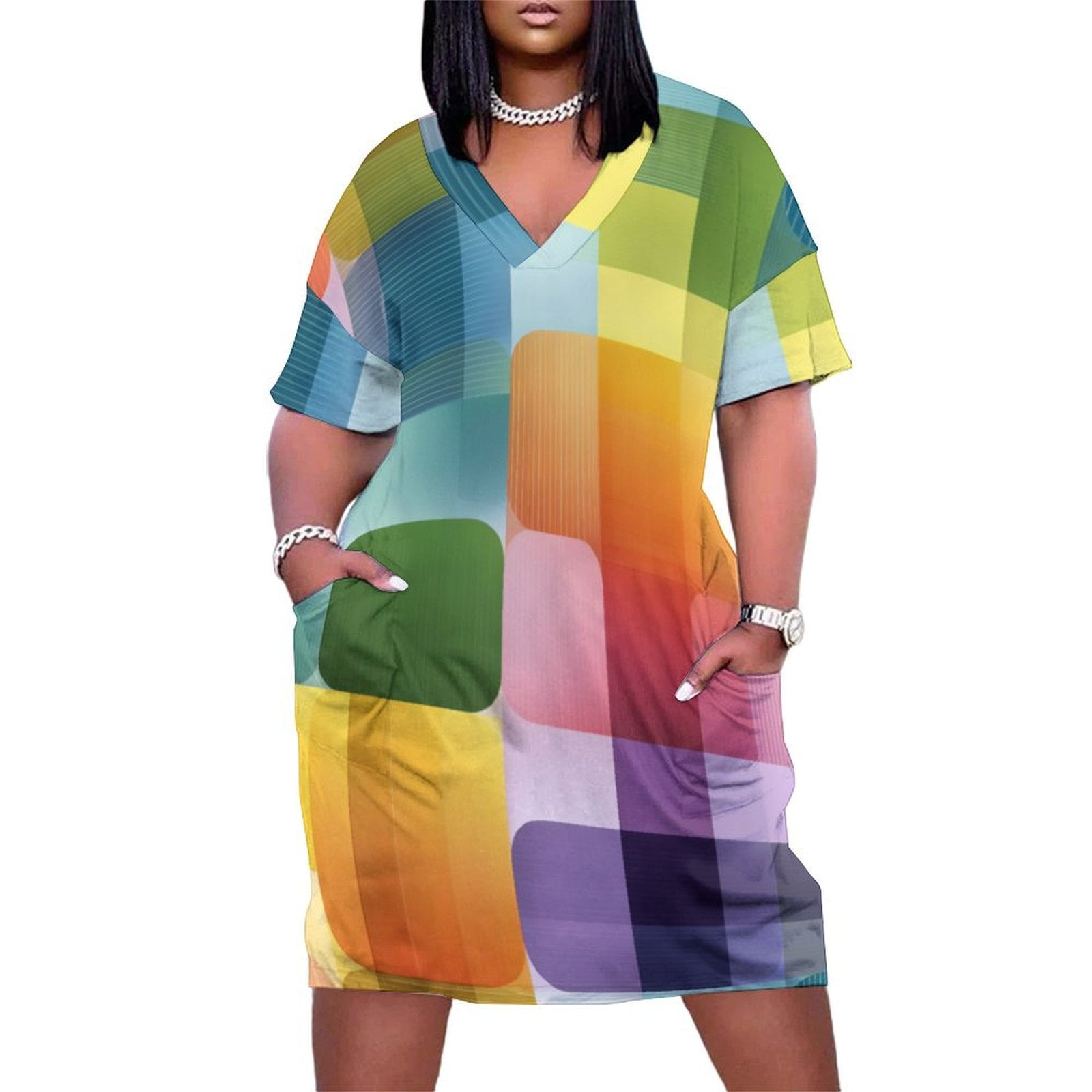 Colored Grid Geometry Summer Sundress for Curve Women Casual Pattern ...