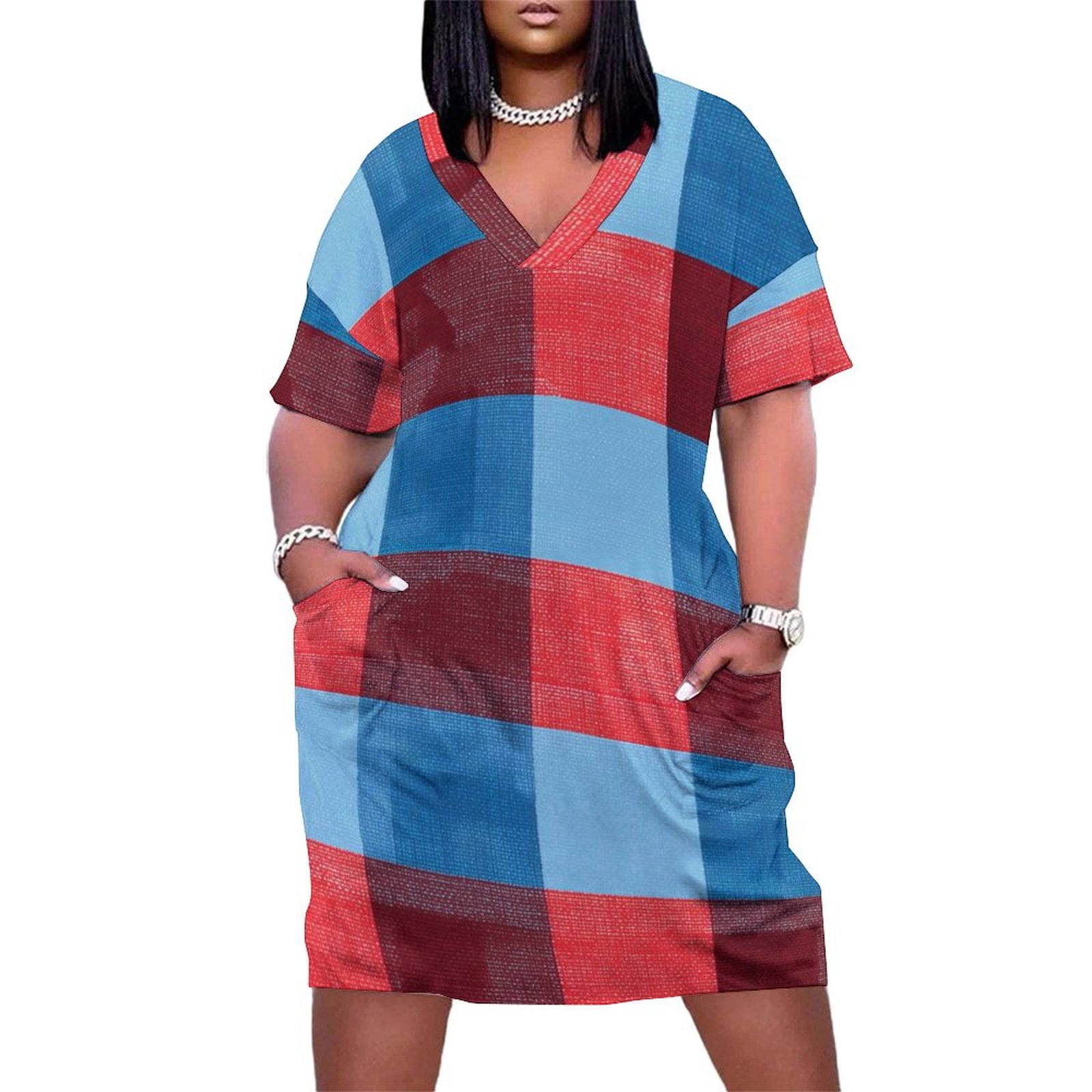 Colored Grid Geometry Summer Sundress for Curve Women Casual Pattern ...