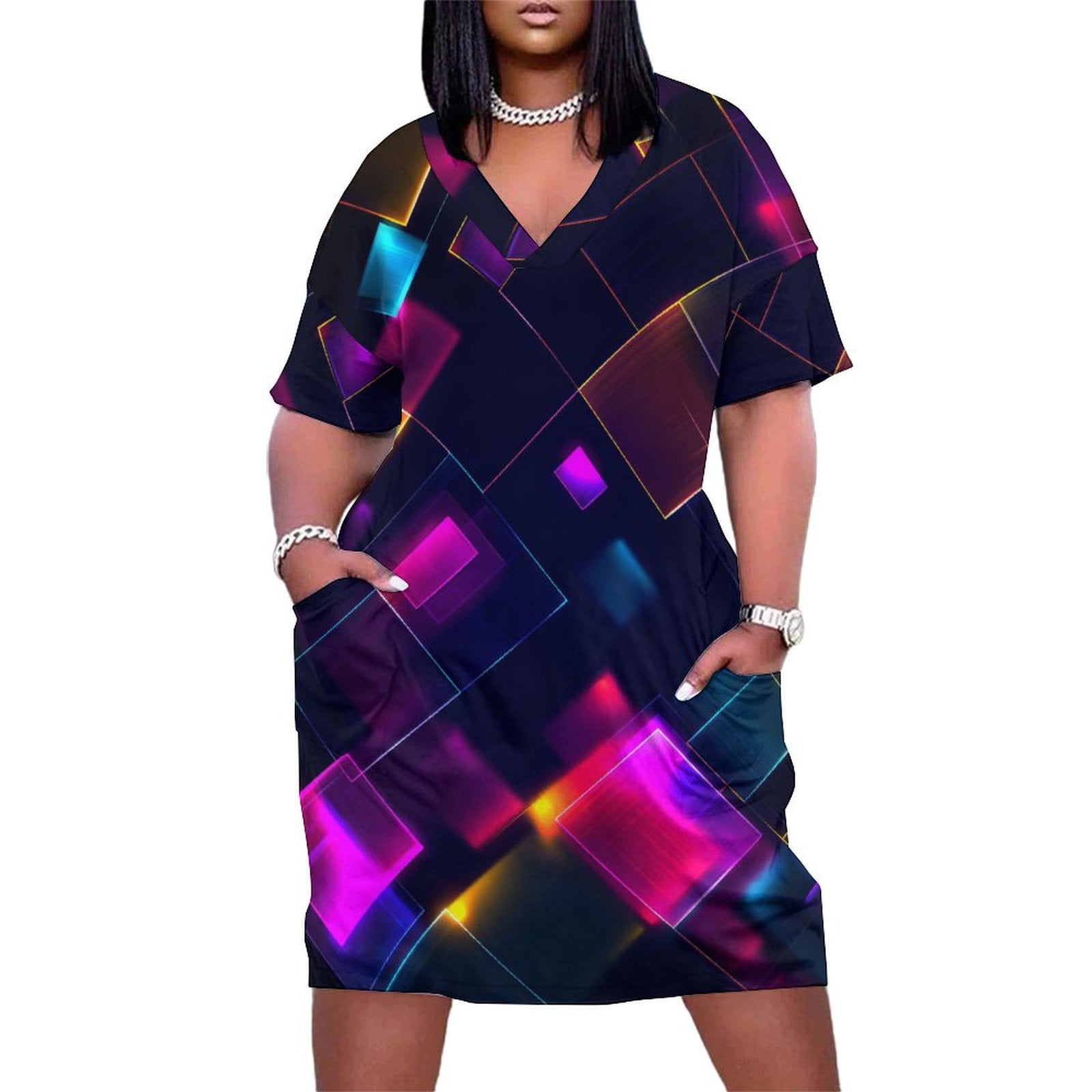 Colored Grid Geometry Summer Sundress for Curve Women Casual Pattern ...