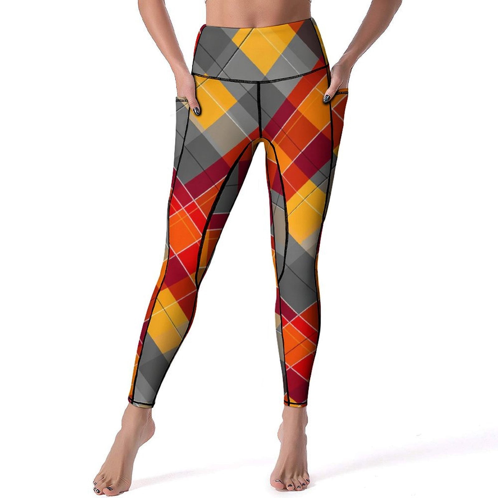 Colored Grid Geometry Women's High Waisted Yoga Pants with Pockets ...
