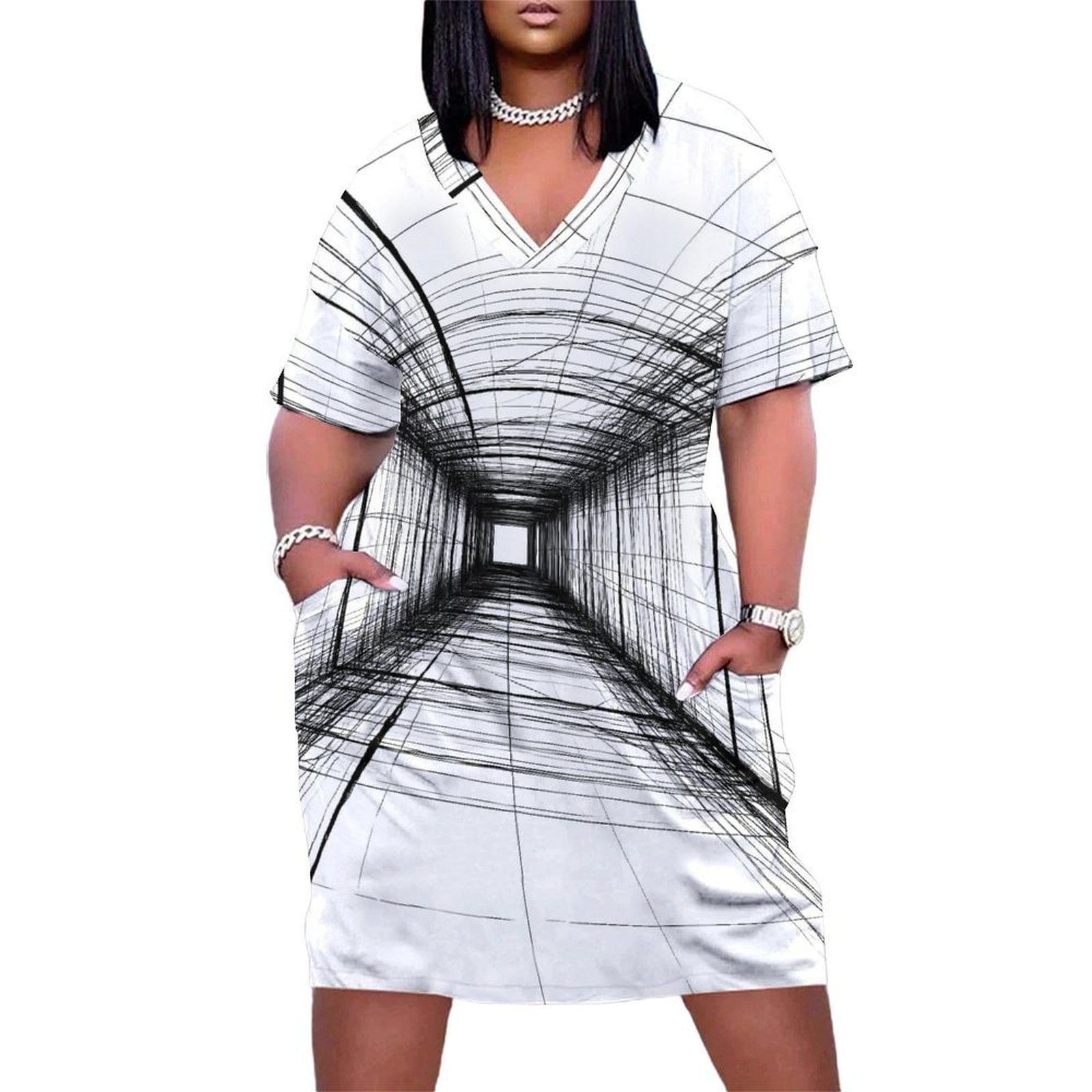 Colored Grid Geometry Women's Loose Short Sleeve Dress Casual Summer ...