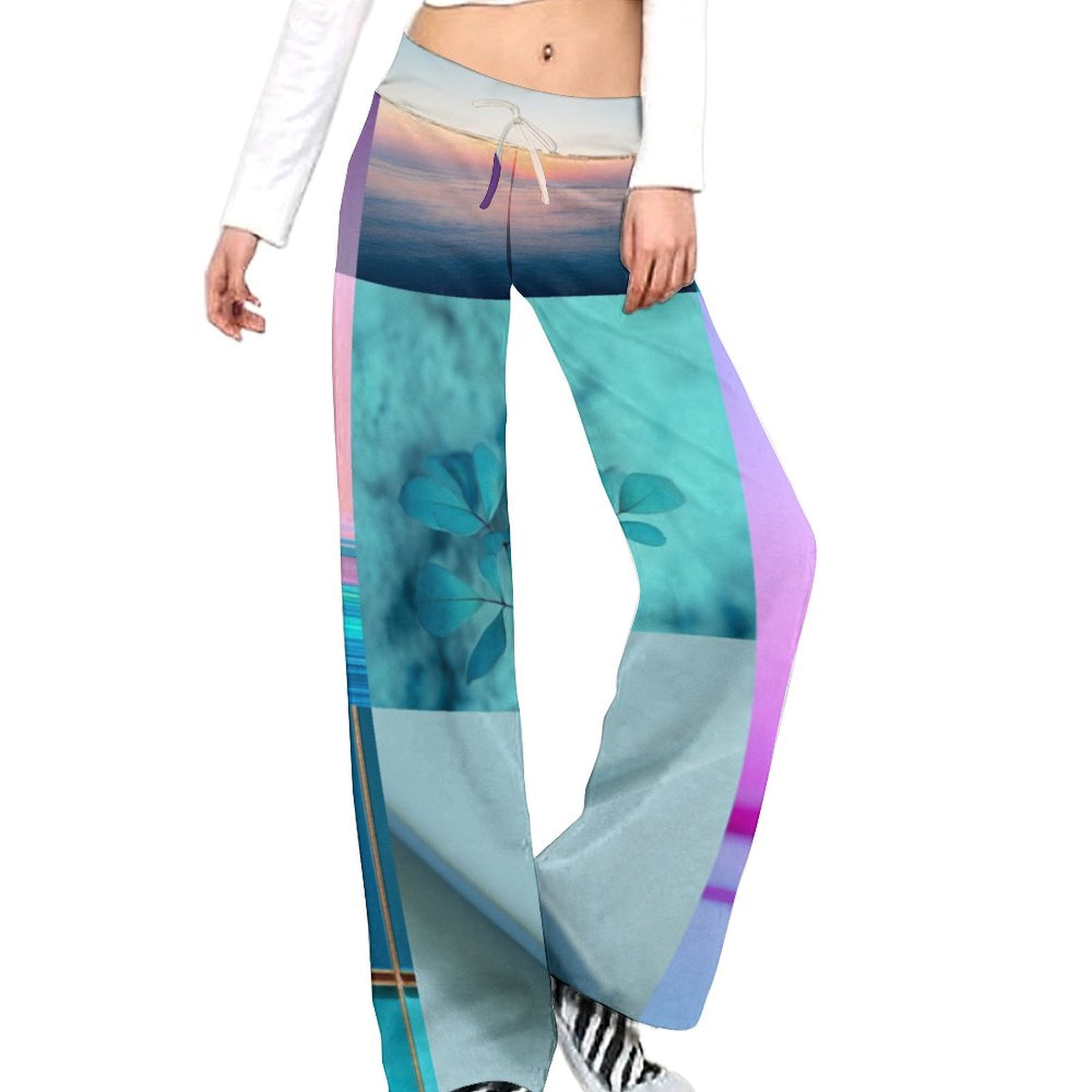 Colored Grid Geometry Women's Wide Leg Lounge High Waisted Loose Work ...