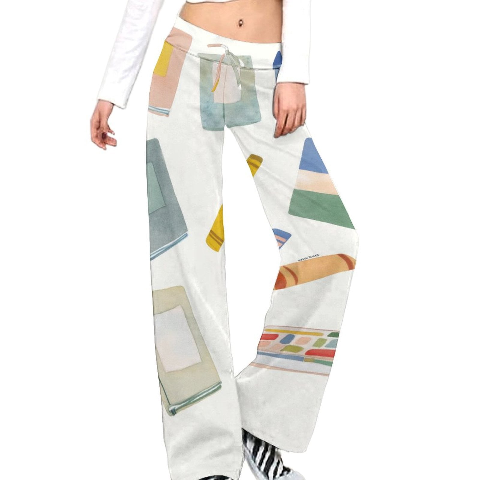 Colored Grid Geometry Women's Wide Leg Lounge High Waisted Loose Work ...