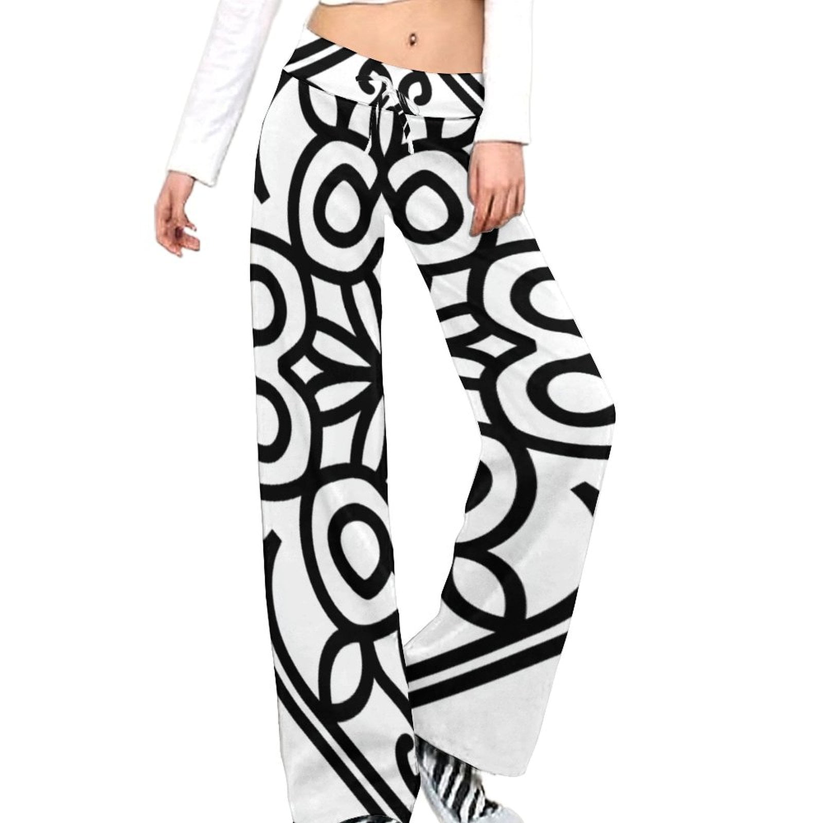 Colored Grid Geometry Women's Wide Leg Pants High Waist Adjustable Knot Loose Casual Trousers ...