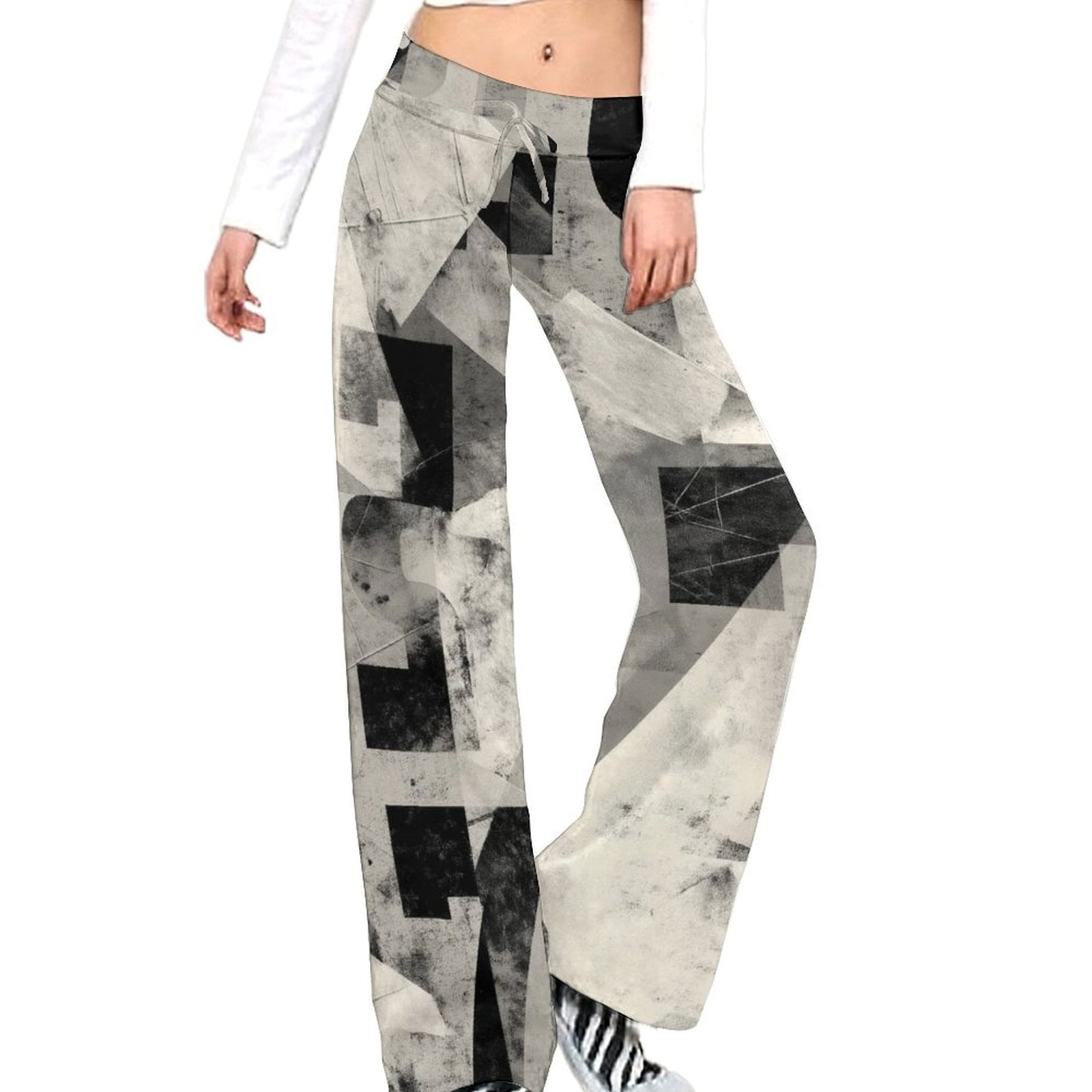 Colored Grid Geometry Women's Wide Leg Pants High Waist Adjustable Knot Loose Casual Trousers ...