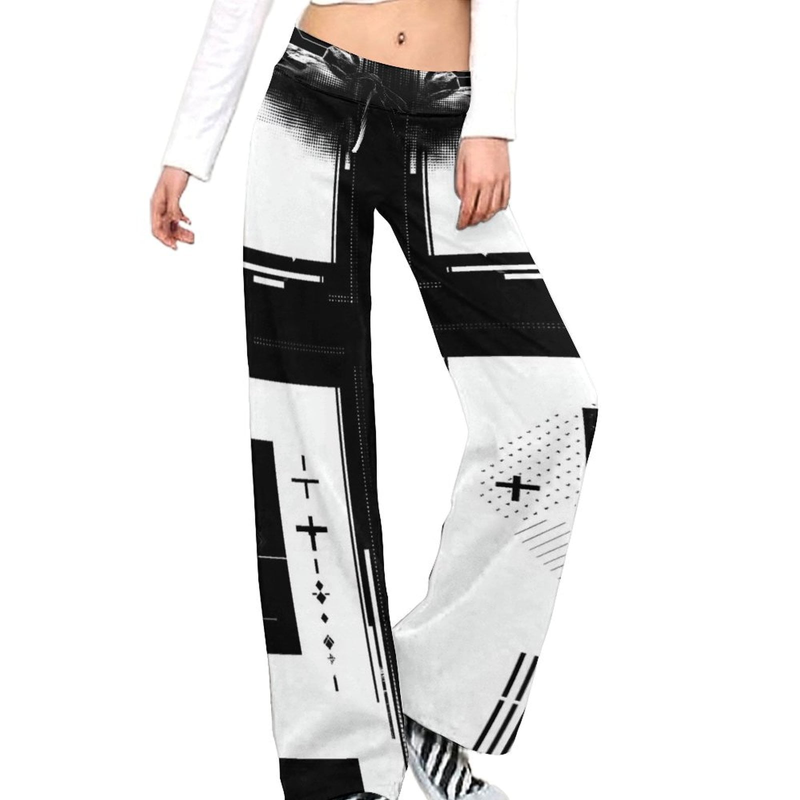 Colored Grid Geometry Women's Wide Leg Pants High Waist Adjustable Knot Loose Casual Trousers ...