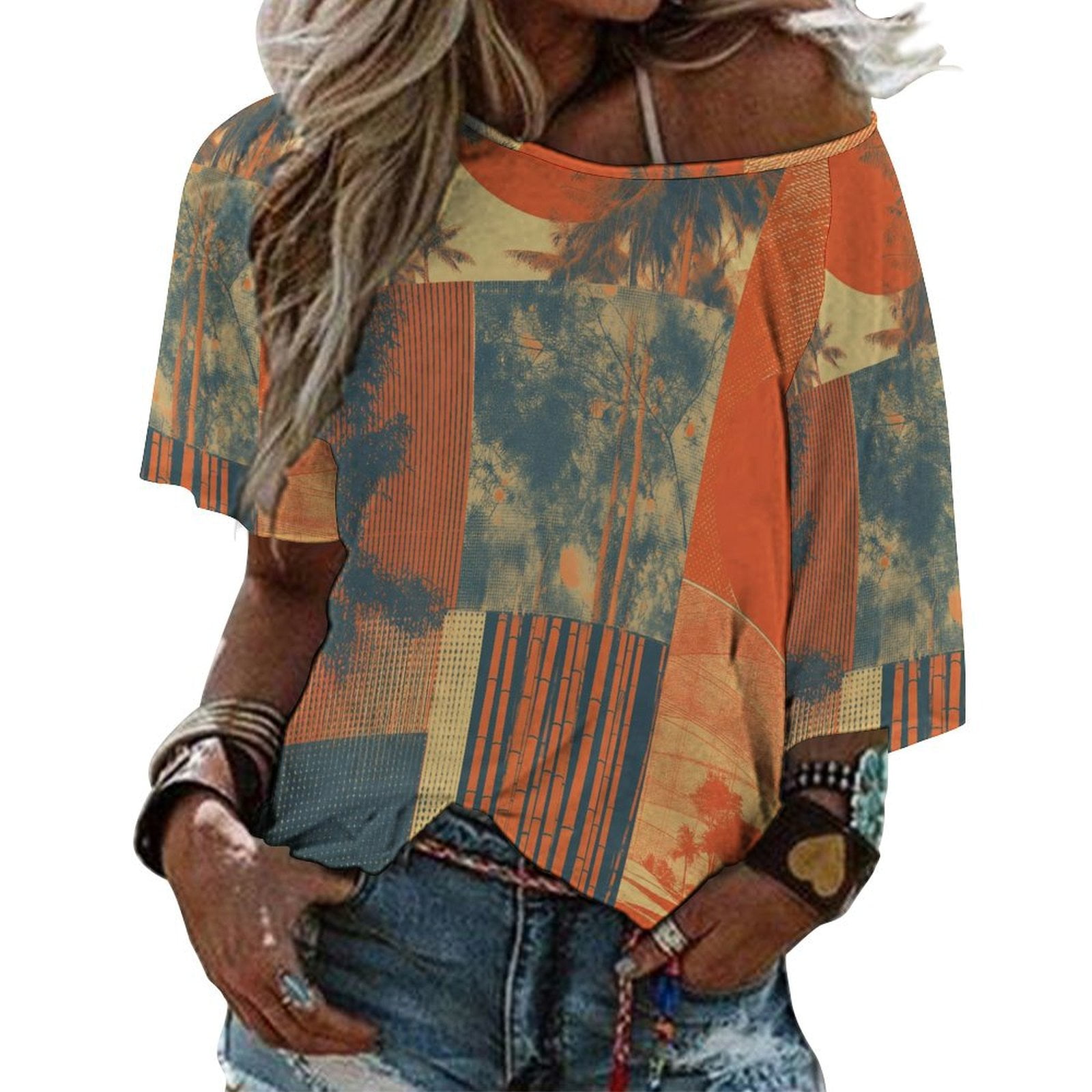 Colored Grid Geometry Womens Casual Crew Neck Short Sleeve Pleated Tops ...