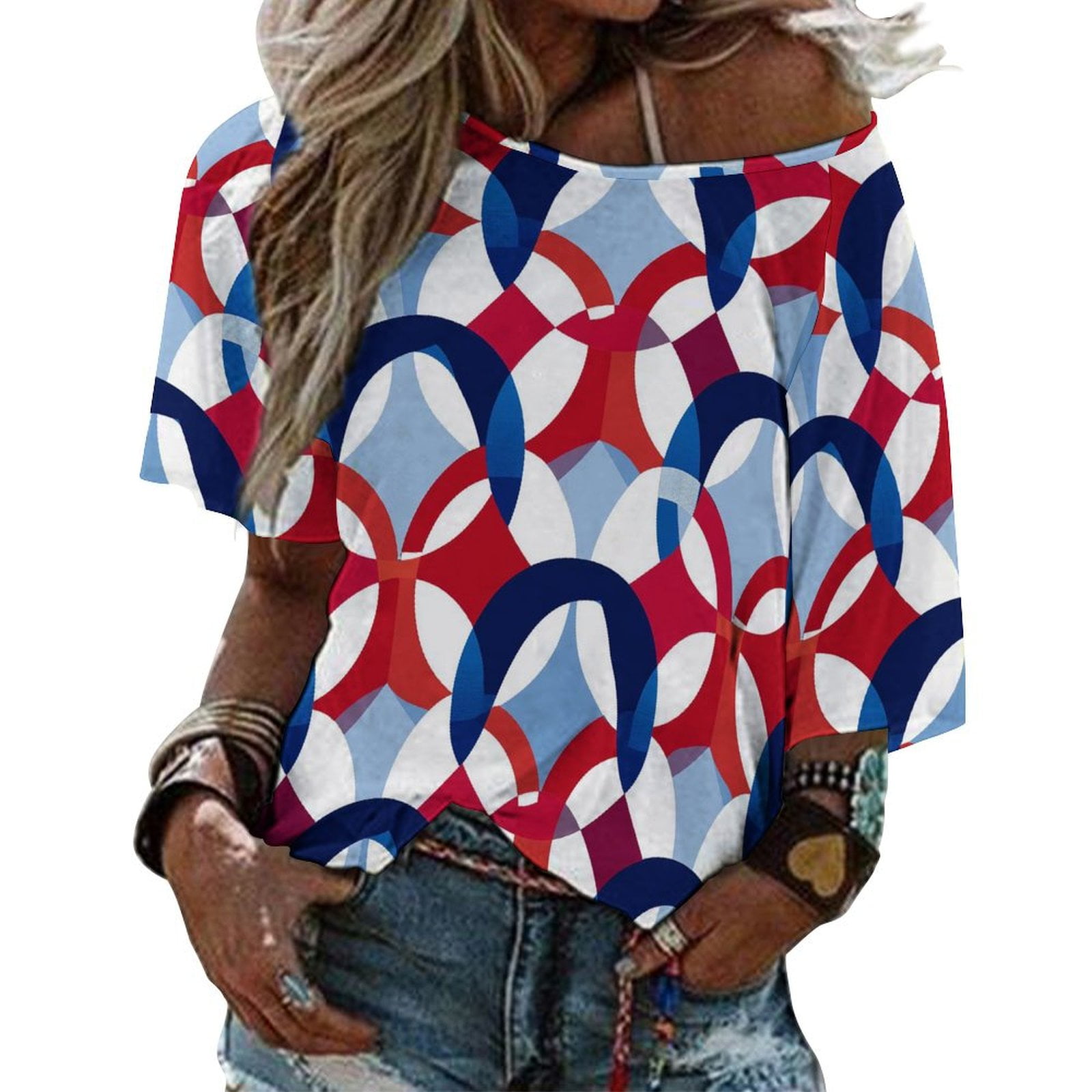 Colored Grid Geometry Womens Casual Crew Neck Short Sleeve Pleated Tops ...