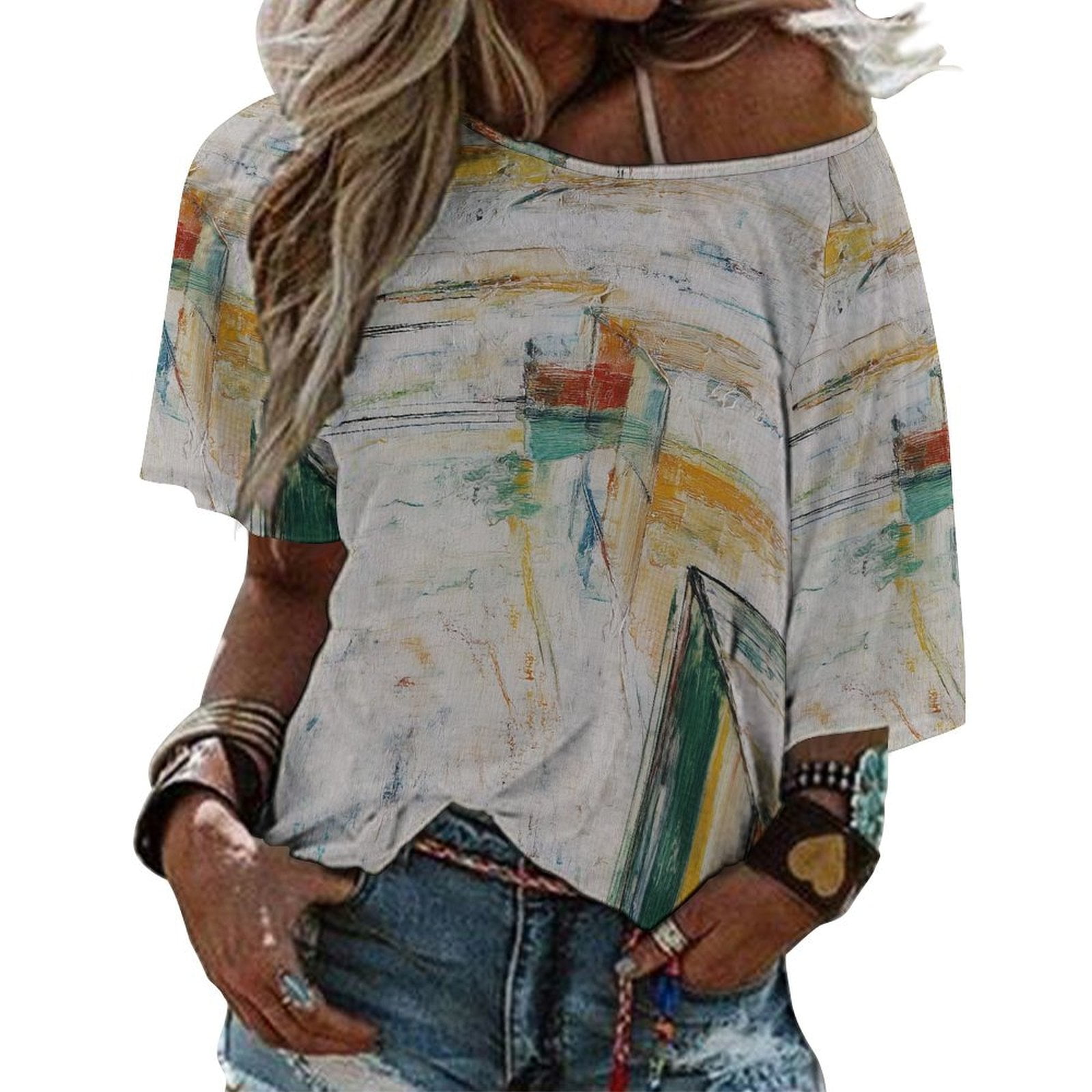 Colored Grid Geometry Womens Casual Crew Neck Short Sleeve Pleated Tops ...