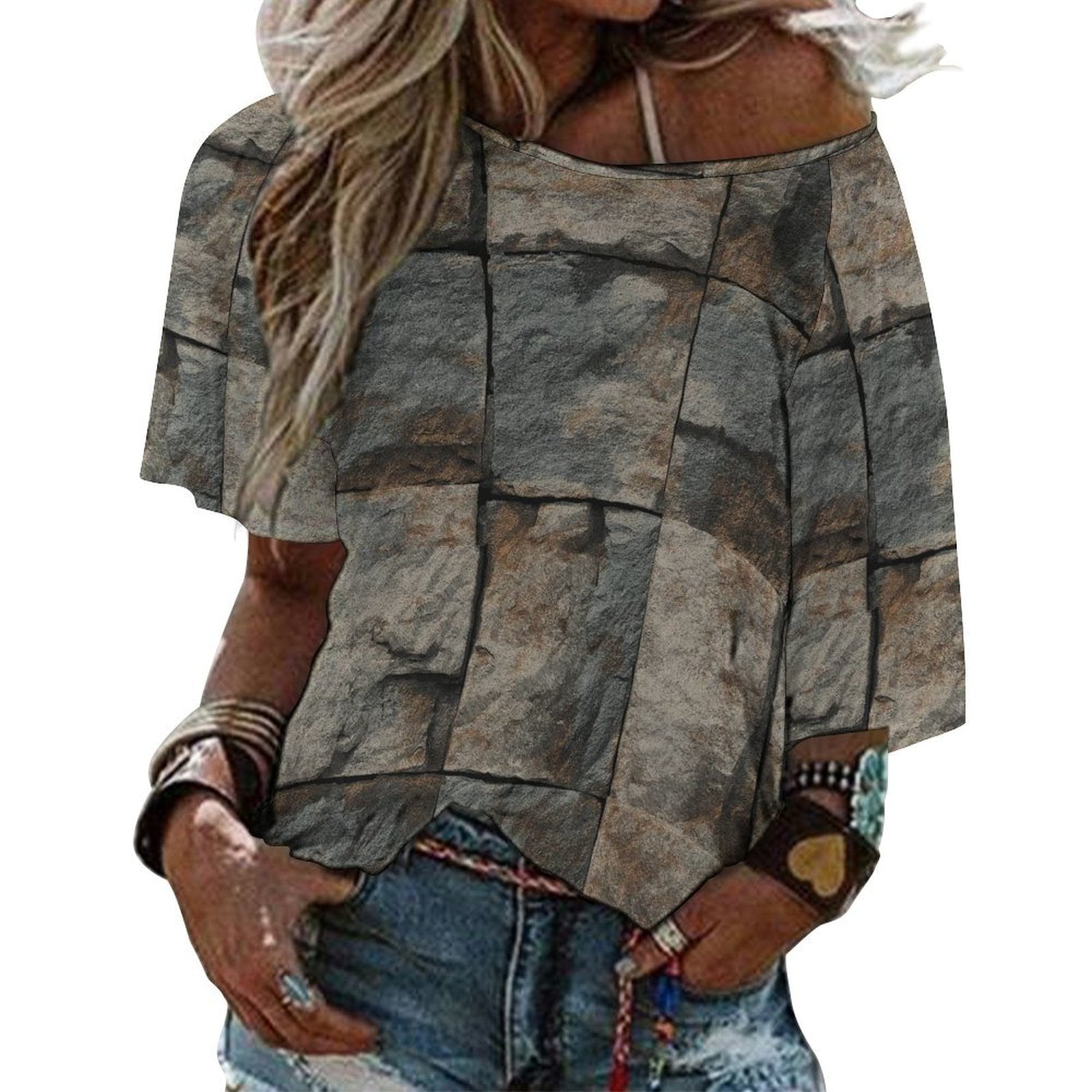 Colored Grid Geometry Womens Casual Crew Neck Short Sleeve Pleated Tops ...