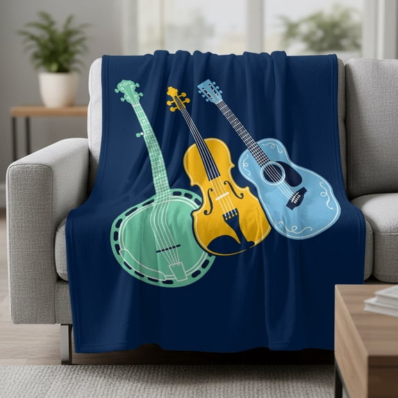 Colored Instruments Fleece Throw Blanket Retro Green Yellow Blue Guitar ...