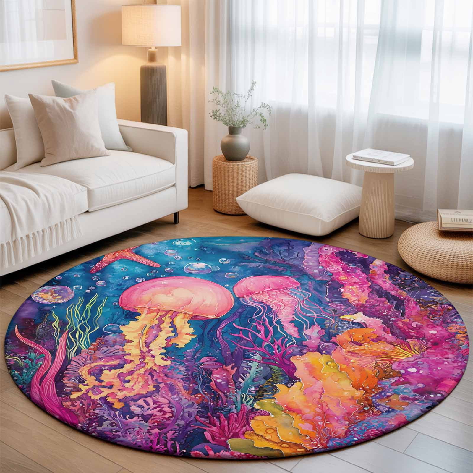 Colored Jellyfish Washable Round Area Rug 5 ft, Dreamy Coastal ...