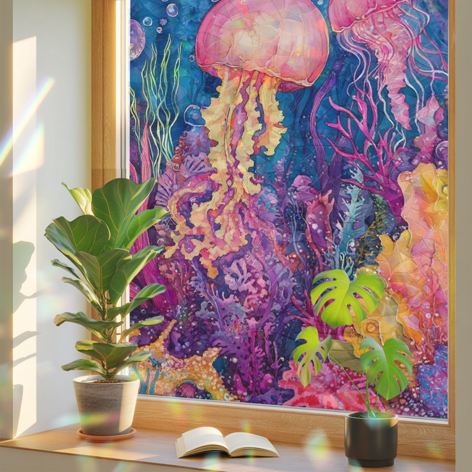 Colored Jellyfish Window Privacy Film, Dreamy Coastal Underwater Coral ...