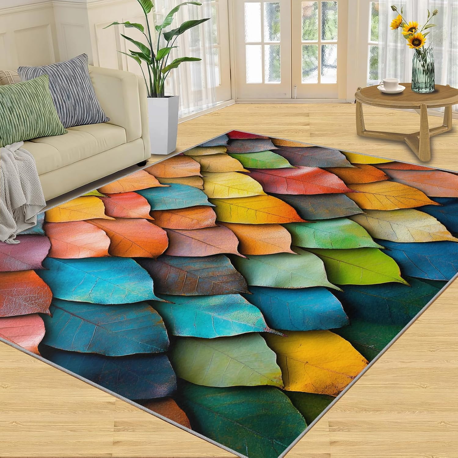 Colored Leaves Rug for Living Room Vintage Floral Washable Rugs ...