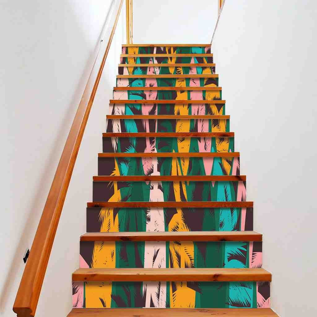 Colored Leaves Stair Stickers Tropical Palm Leaf Staircase Sticker ...