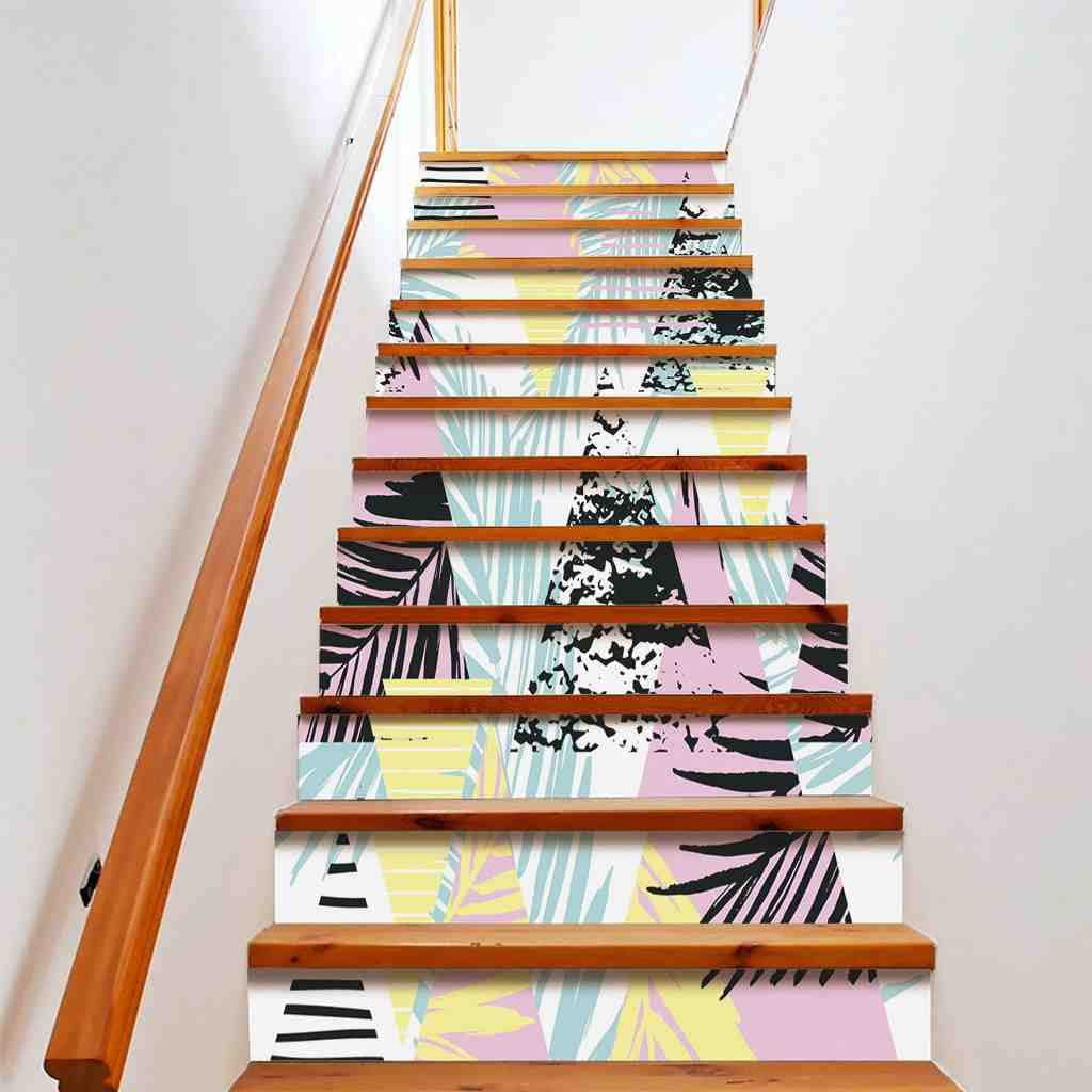 Colored Leaves Stair Stickers Tropical Palm Leaf Staircase Sticker ...
