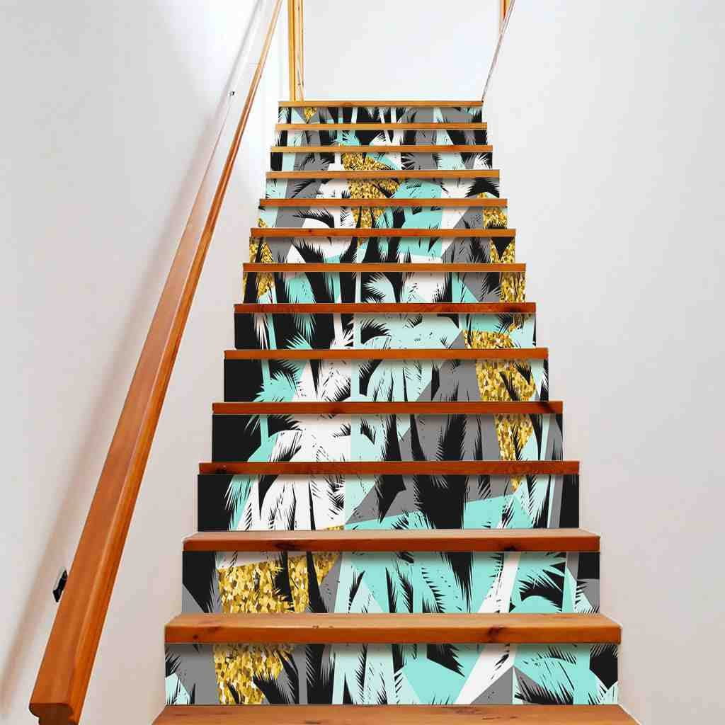 Colored Leaves Stair Stickers Tropical Palm Leaf Staircase Sticker ...