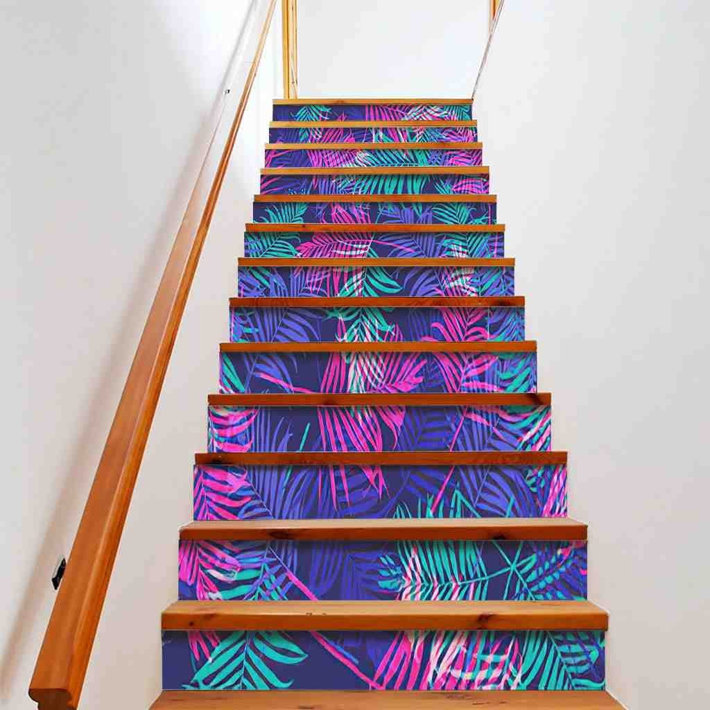 Colored Leaves Stair Stickers Tropical Palm Leaf Staircase Sticker ...