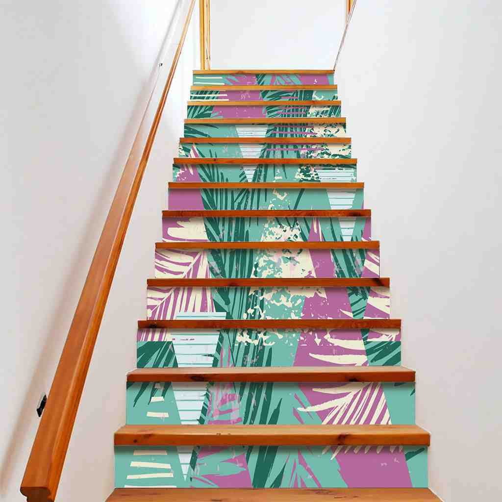 Colored Leaves Stair Stickers Tropical Palm Leaf Staircase Sticker ...