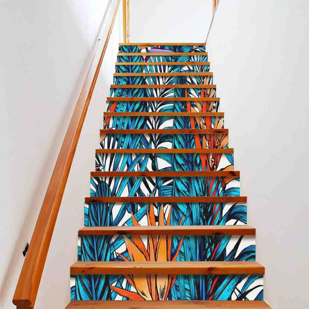 Colored Leaves Stair Stickers Tropical Palm Leaf Staircase Sticker ...