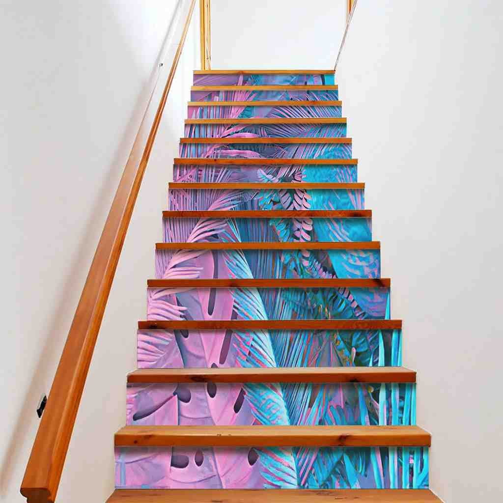 Colored Leaves Stair Stickers Tropical Palm Leaf Staircase Sticker ...