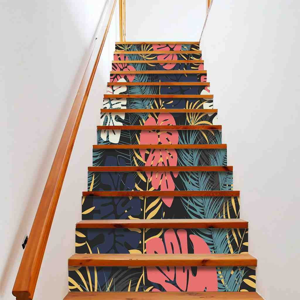 Colored Leaves Stair Stickers Tropical Palm Leaf Staircase Sticker ...