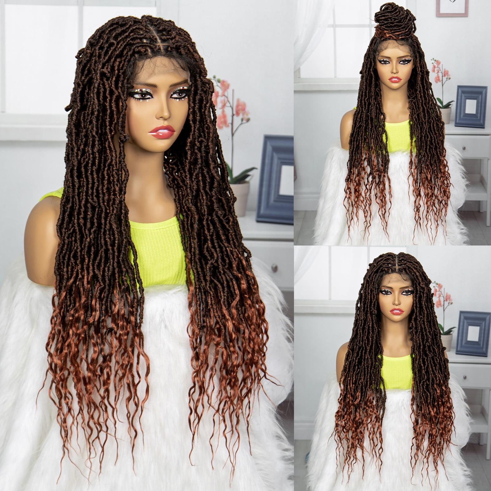 Colored Locs Braided Wigs 36 Inches Full Double Lace Square Knotless ...