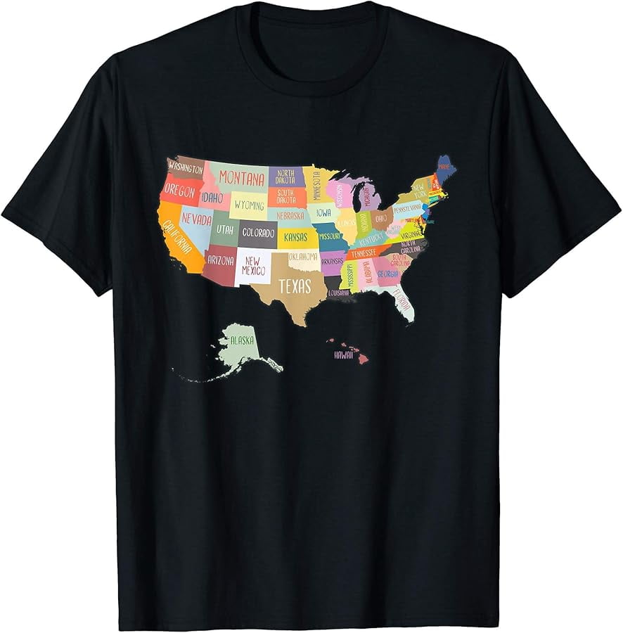 Colored Map of United States of America, State Names T-Shirt - Walmart.com