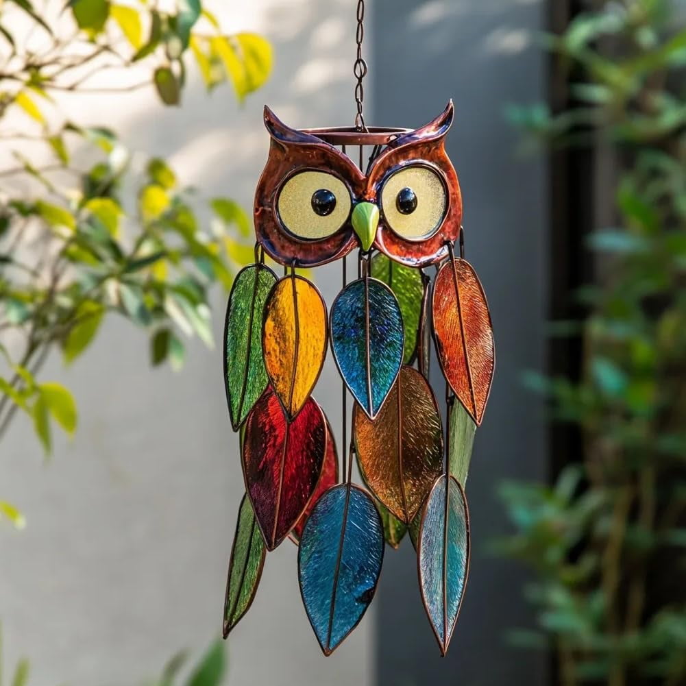 Colored Owl Pendants, Owl Colorful Leaves Birds Sun Catchers Panel ...