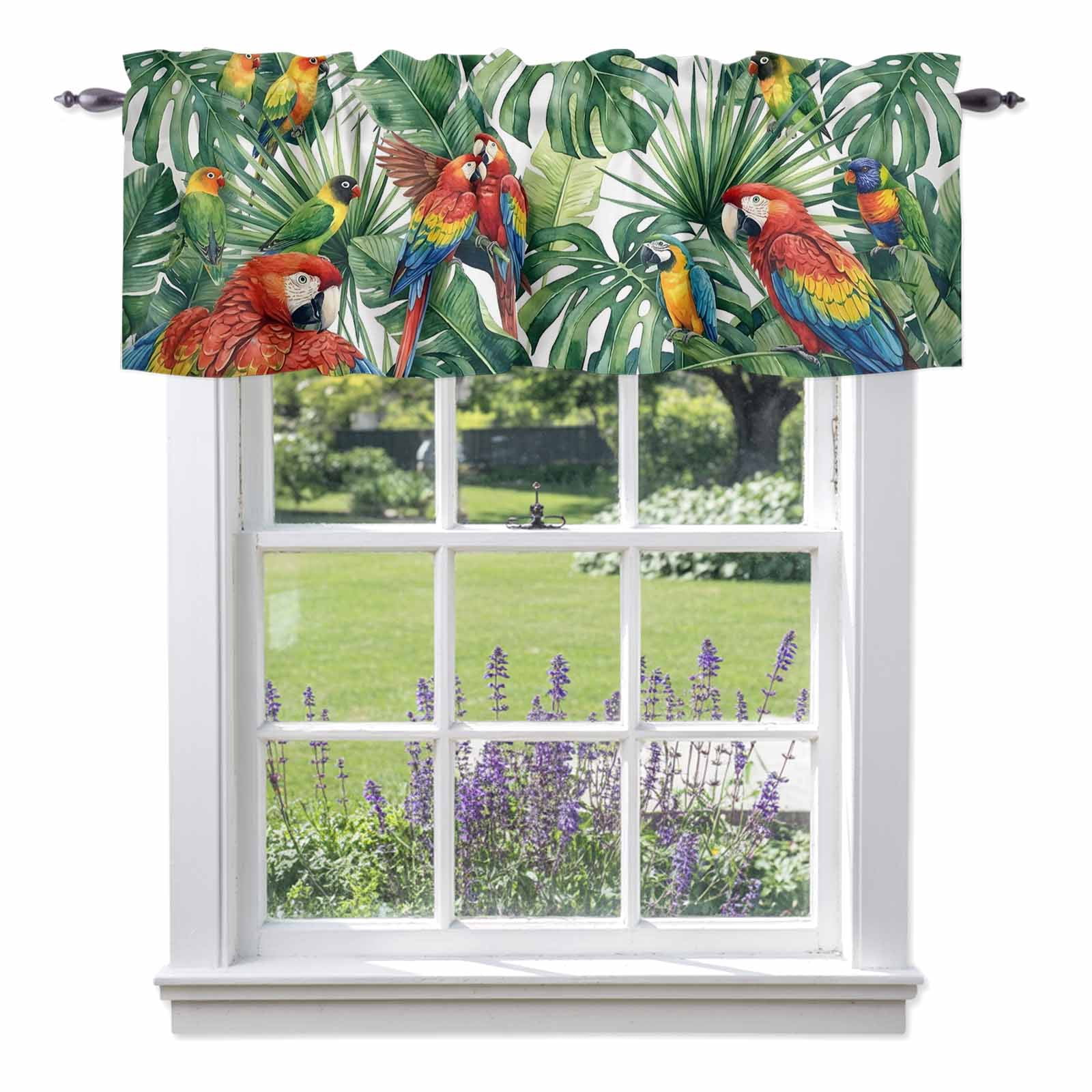 Colored Parrot Valance Curtain Oil Painted Tropical Parrot Green Leaf ...