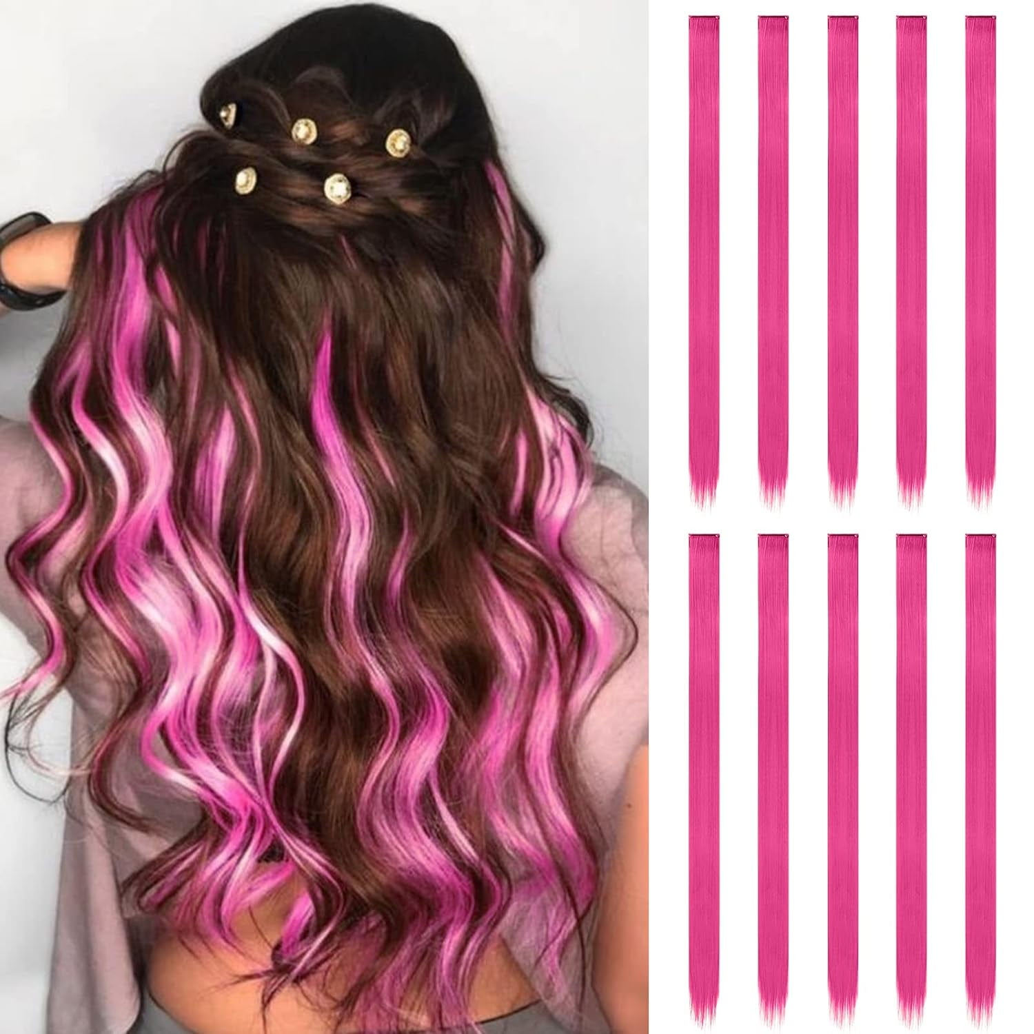 Colored Pink Clip in Hair Extensions, 10 PCS Pink Hairpieces Highlight ...