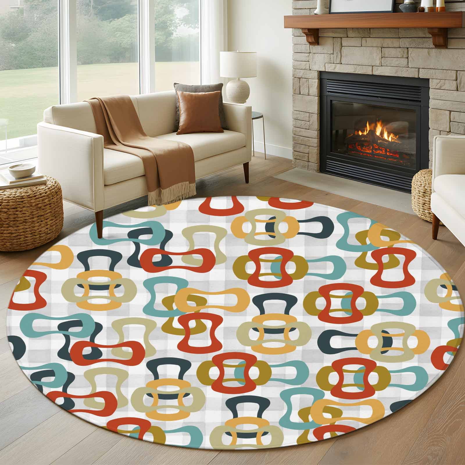 Colored Rings Large Round Rug 8Ft Abstract Retro Colorful Ring Grey ...
