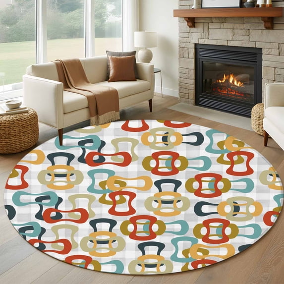 Colored Rings Large Round Rug 8Ft Abstract Retro Colorful Ring Grey ...