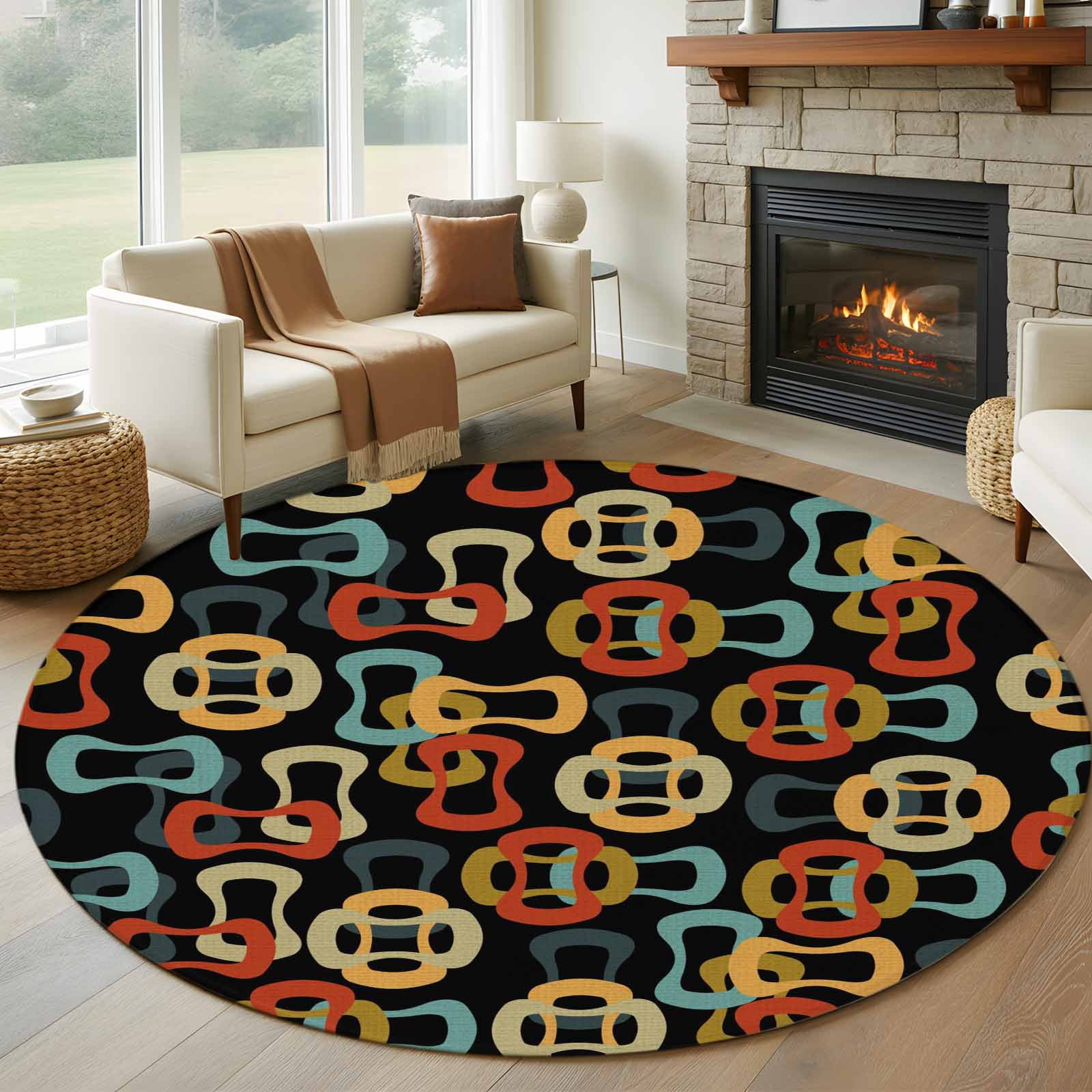 Colored Rings Round Rug 6Ft Abstract Retro Colorful Ring Black Circle ...