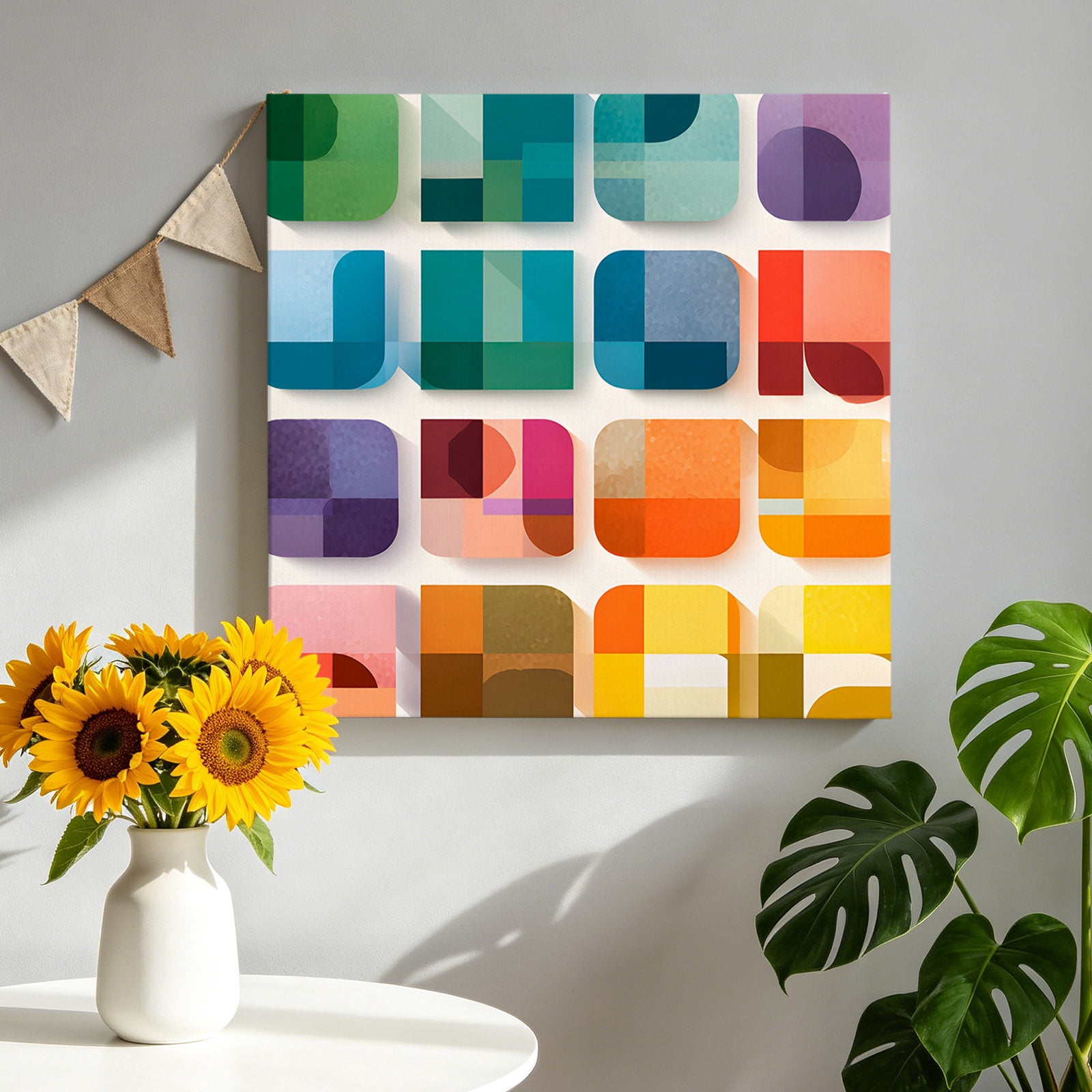 Colored Square Canvas Wall Art for Living Room, Abstract Geometric ...