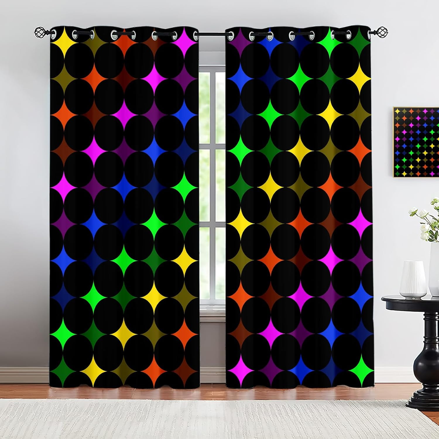 Colored Stars Blackout Curtains For Bedroom, Cartoon Black Colorful Art ...