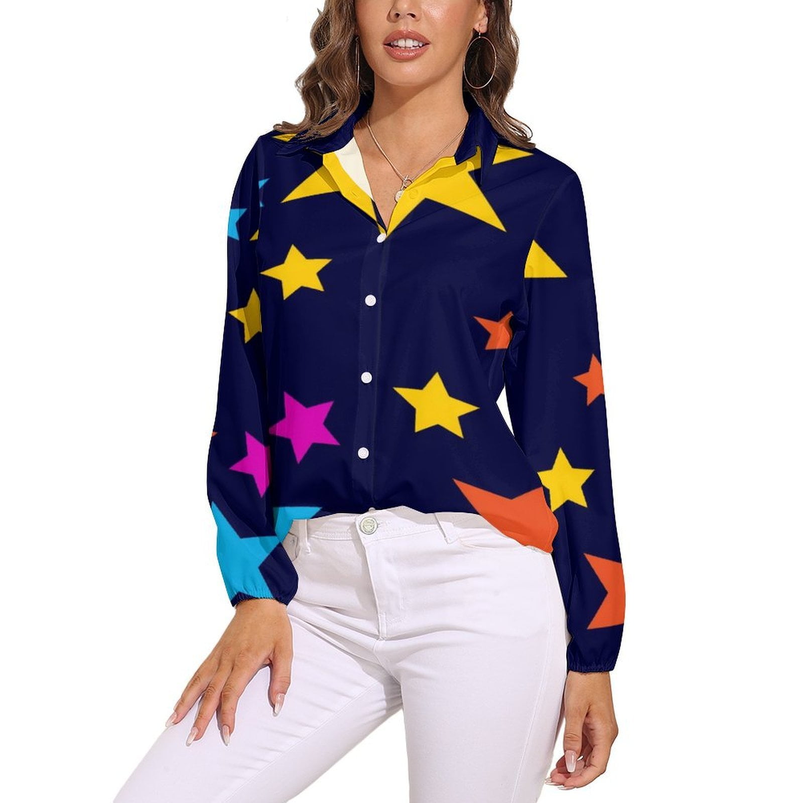 Colored Stars Blouse Female Long Sleeve Casual Shirts Oversized ...
