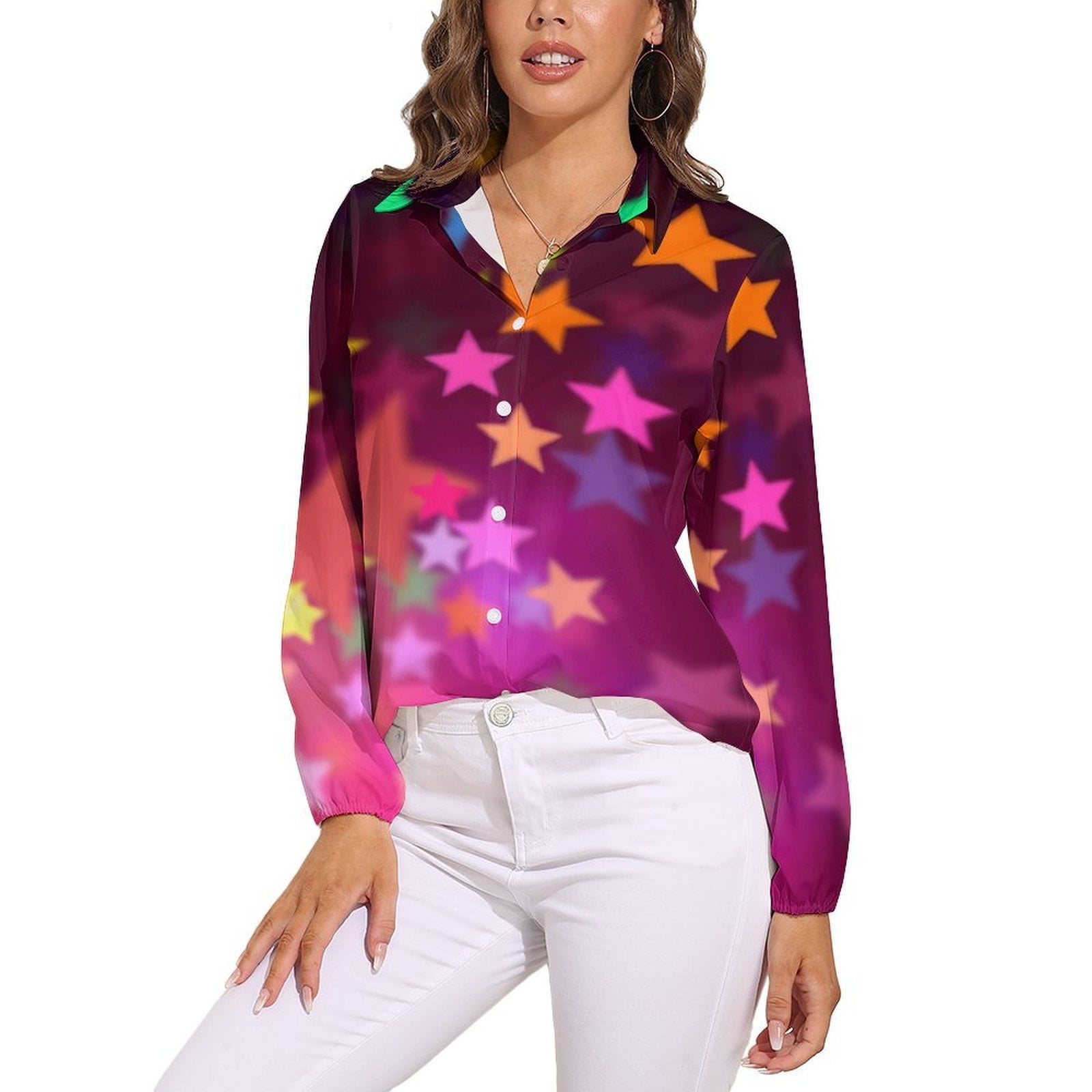Colored Stars Blouse Female Long Sleeve Casual Shirts Oversized ...