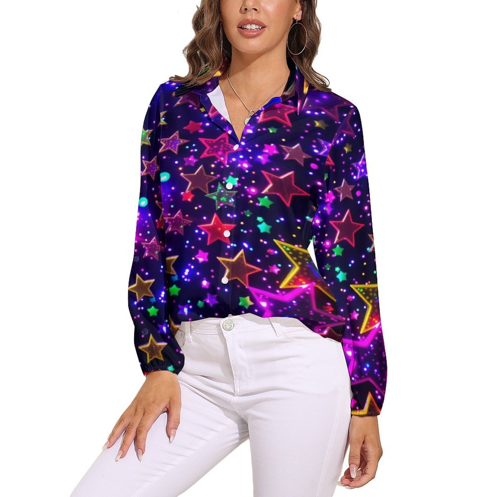 Colored Stars Blouse For Women Loose Blouses Long Sleeve Shirts Casual ...