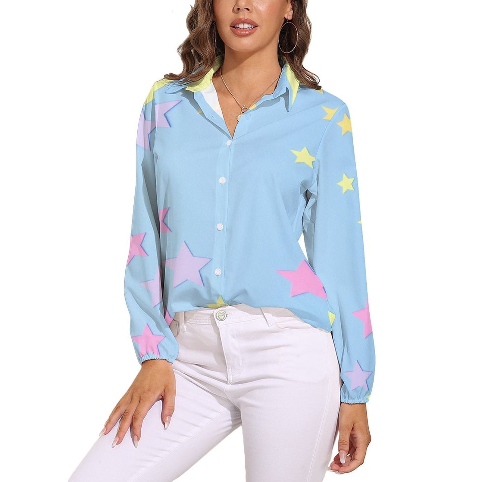 Colored Stars Blouse For Women Loose Blouses Long Sleeve Shirts Casual ...